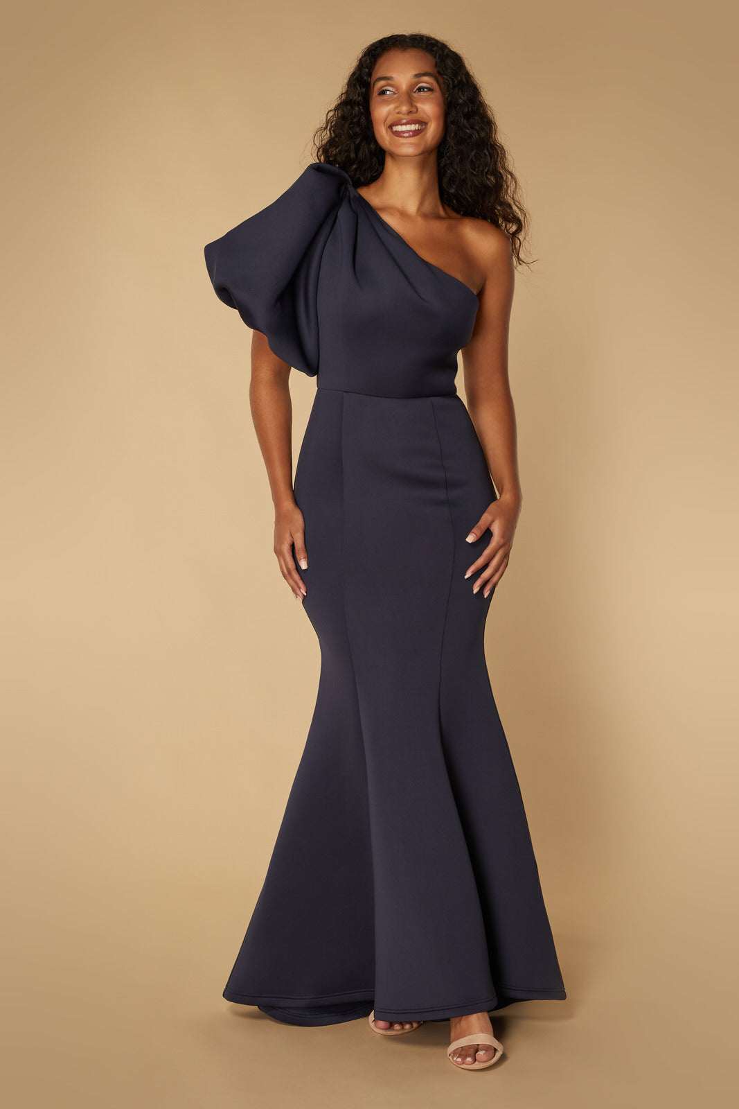 Frances One Shoulder Exaggerated Puff Sleeve Scuba Maxi Dress - Borderfree