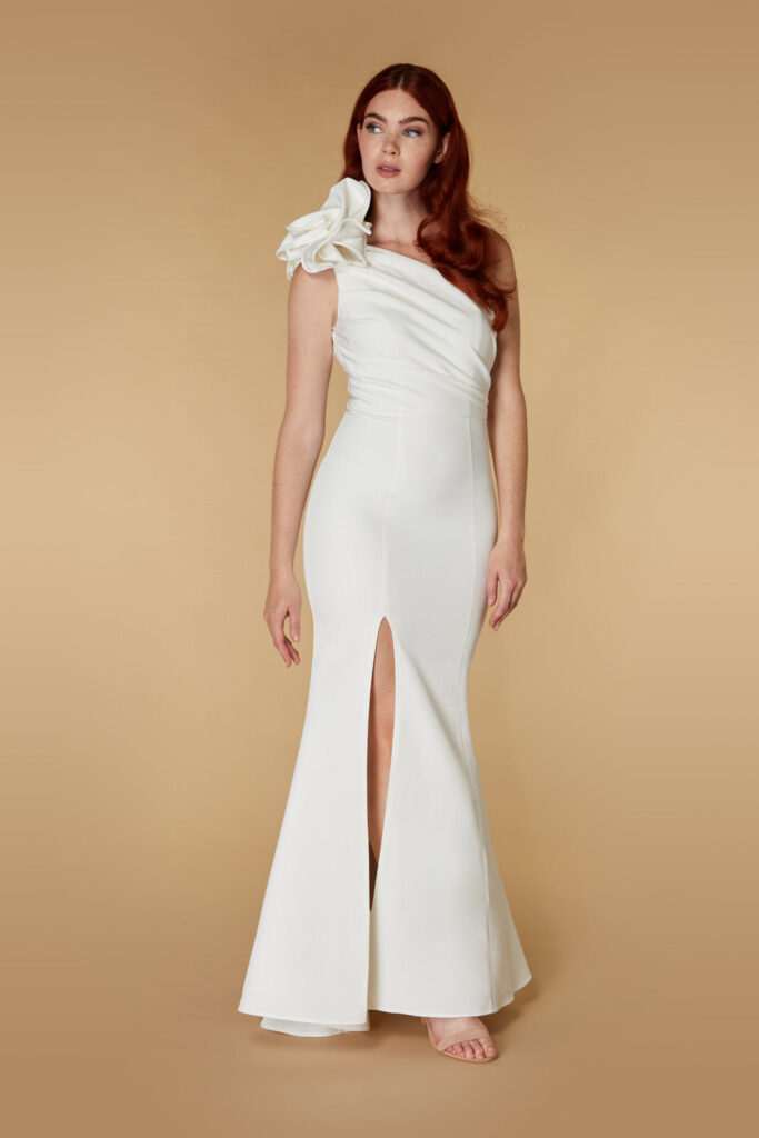 Petal One Shoulder Maxi Dress with Corsage Detail - Borderfree