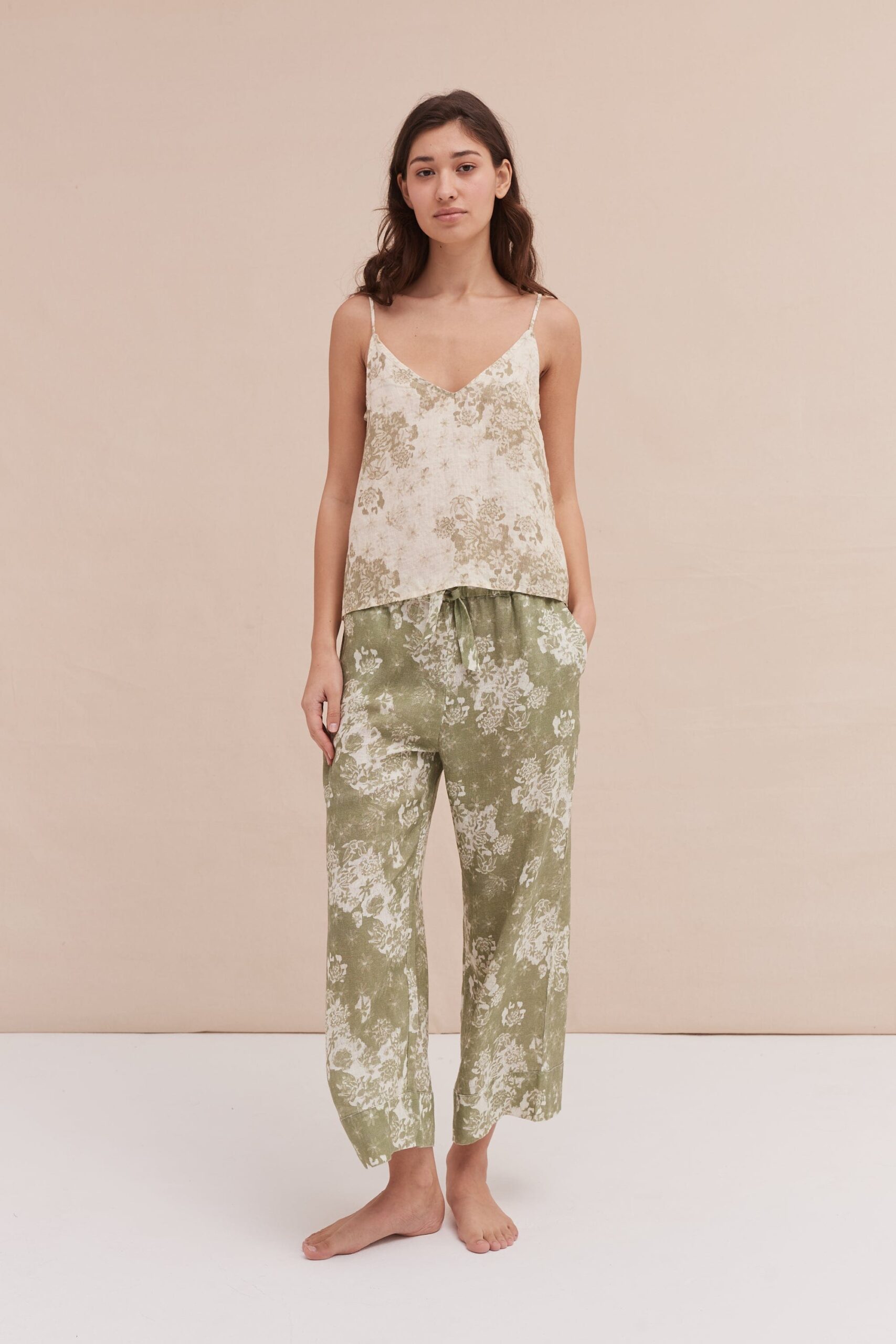 Cami & Wide Leg Set Flowers Of Time Print Sage/Green Linen - Borderfree