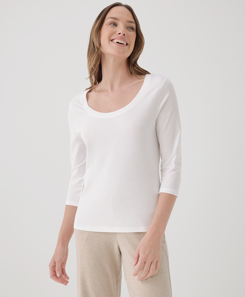 Organic Softspun Scoop Neck Three-Quarter Sleeve Tee by pact in White Fair Trade, Womens Size X ...