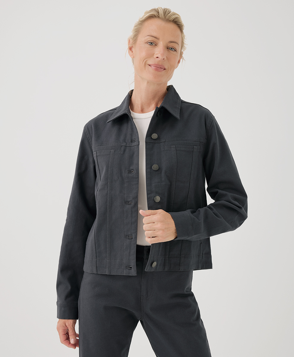 Organic Stretch Twill Denim Jacket by pact in Storm Fair Trade, Womens Size Small - Borderfree