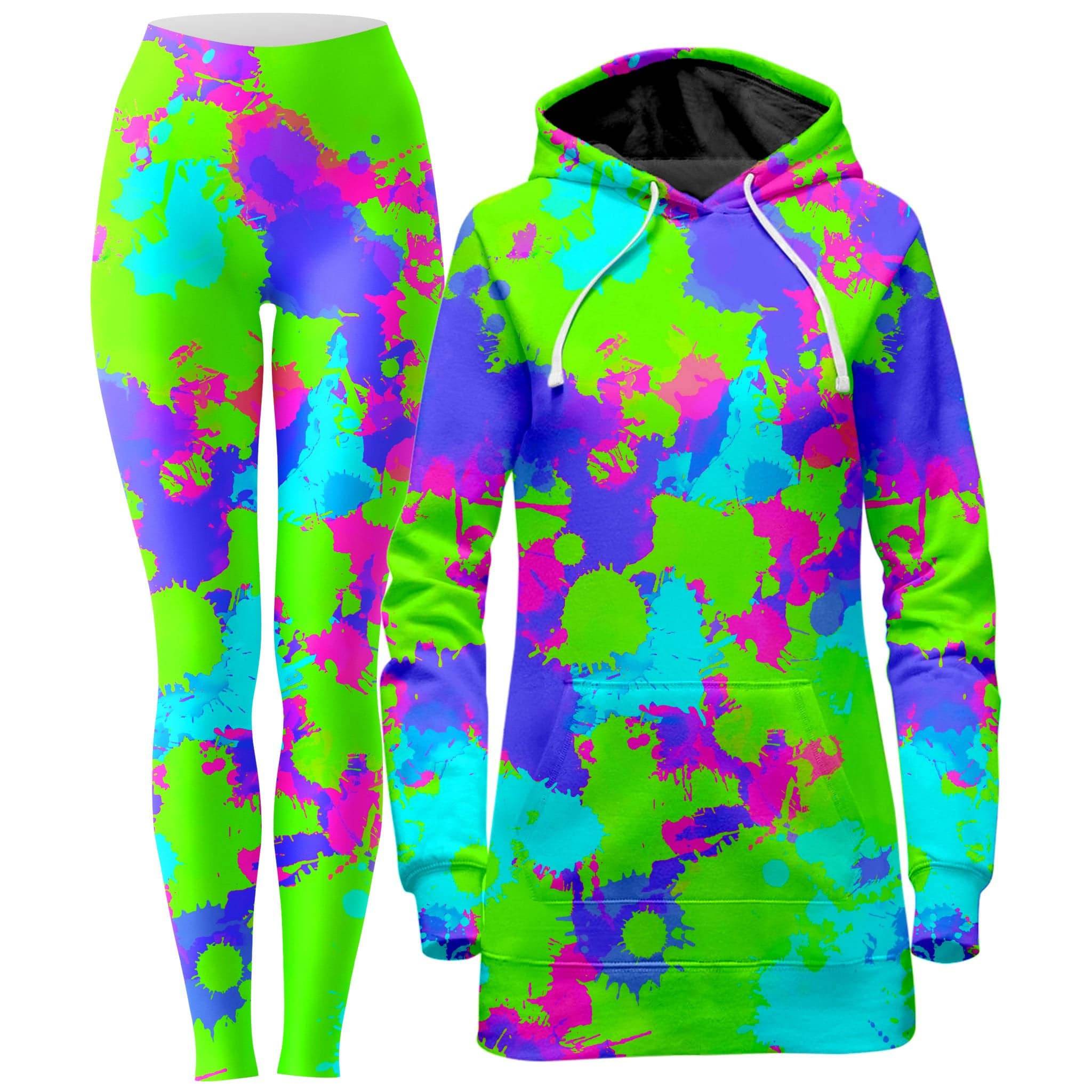 90s Neon Paint Splatter Hoodie Dress and Leggings Combo - Borderfree