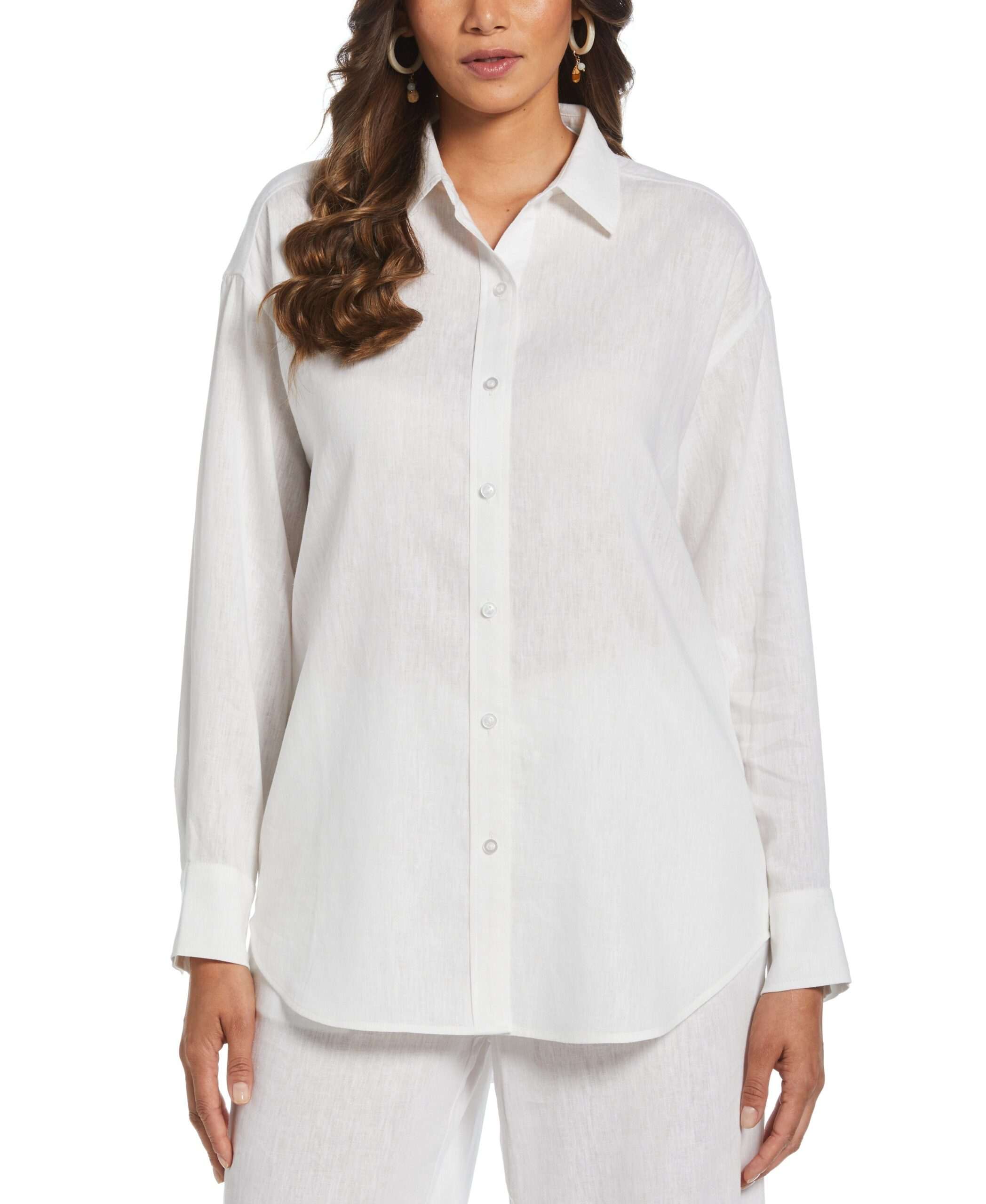 Solid Linen-Blend Blouse - Borderfree