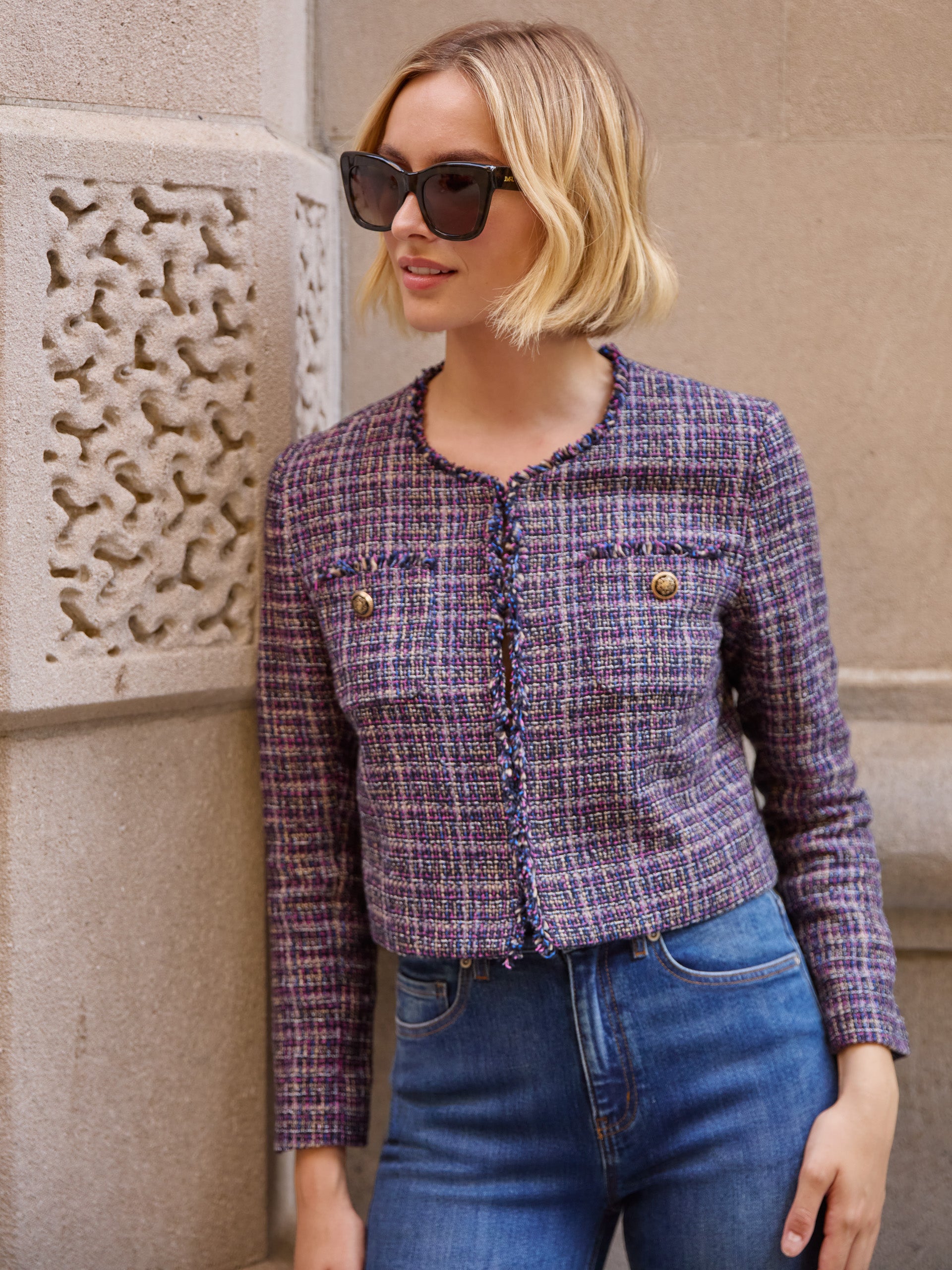 J.McLaughlin Women's Pemille Tweed Jacket Black Multi, Size Medium | Cotton/Linen - Borderfree