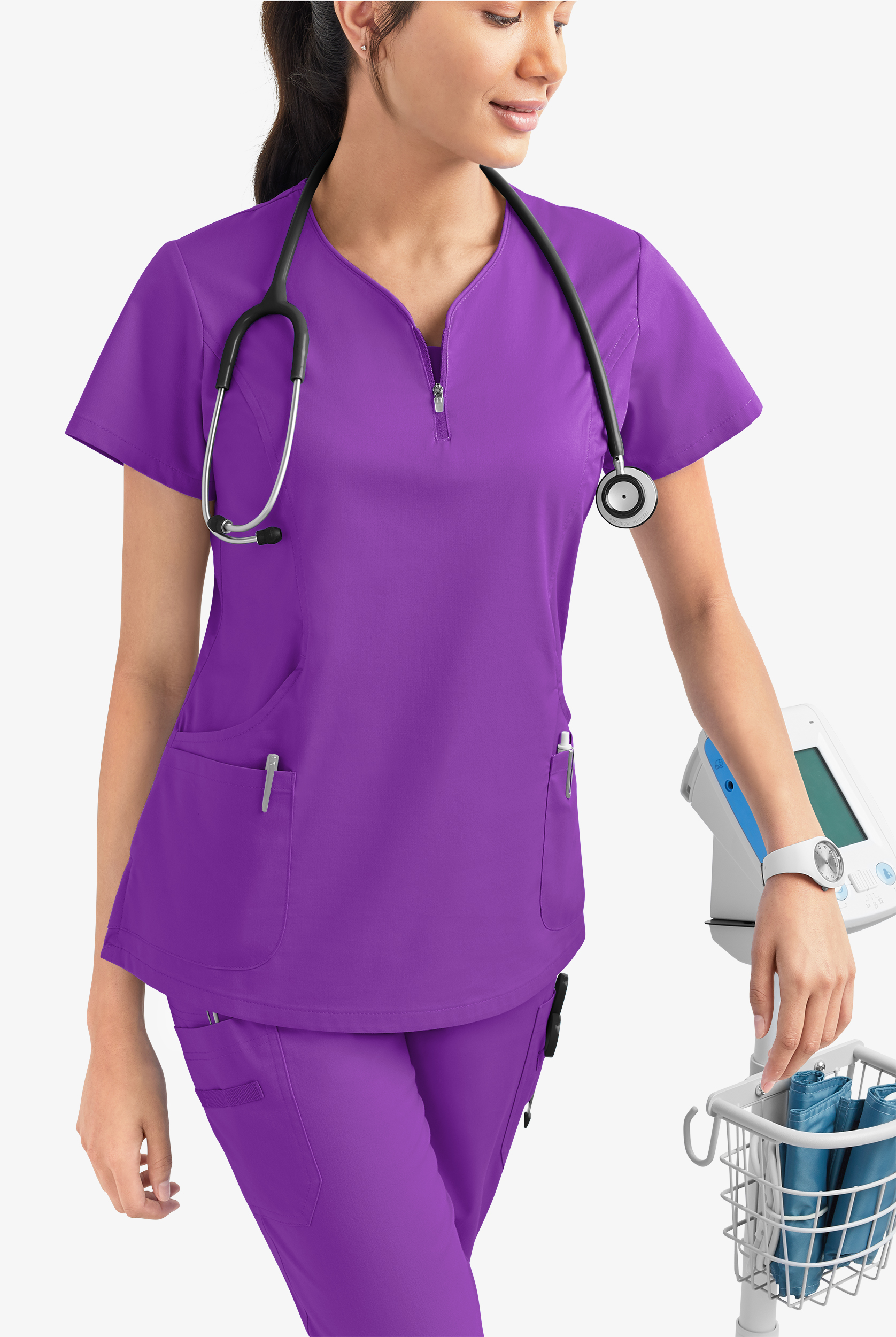 UA Butter-Soft STRETCH Women's 4-Pocket Curved Neck Zipper Scrub Top ...