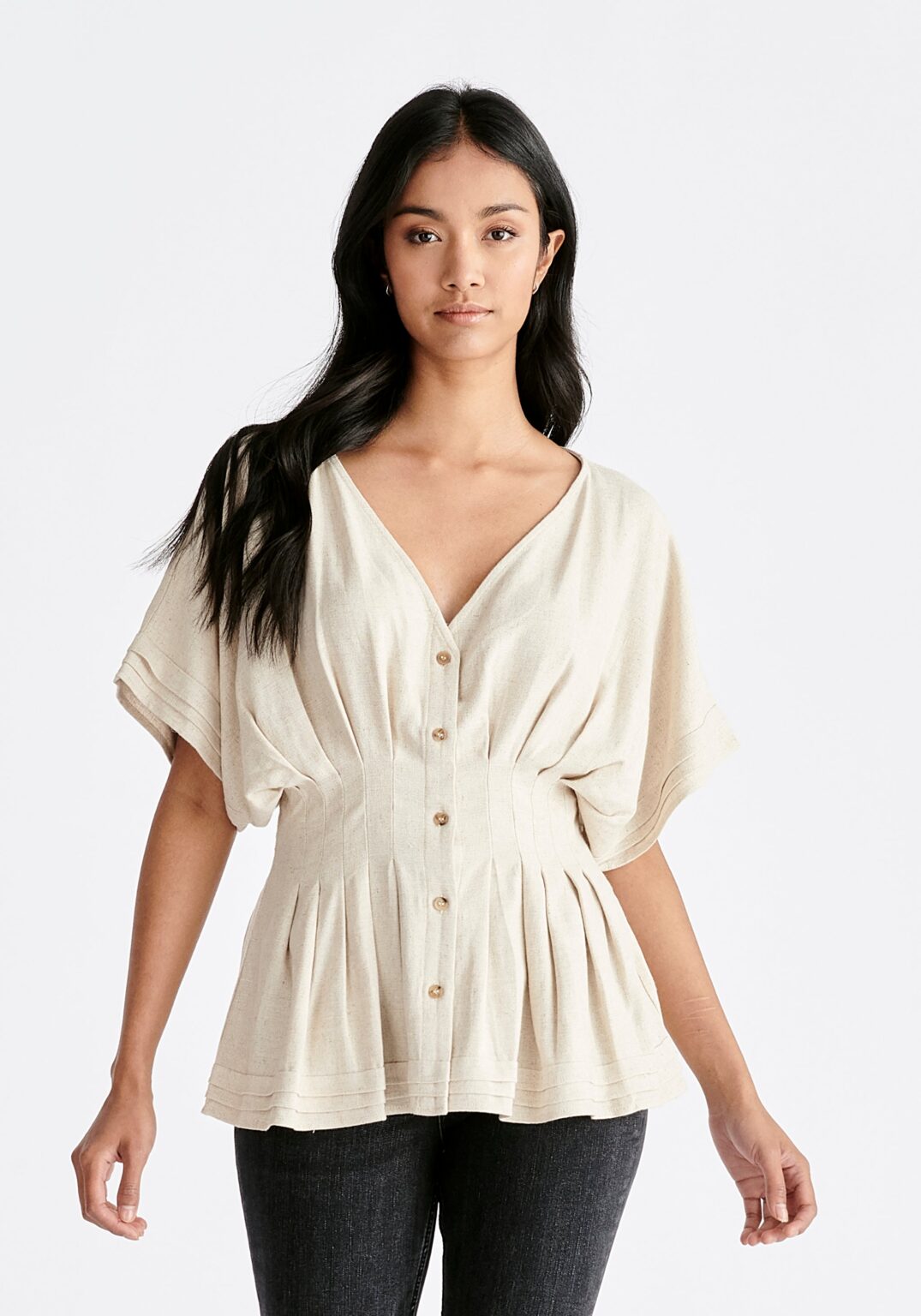 Linen Blend Button Blouse - Borderfree