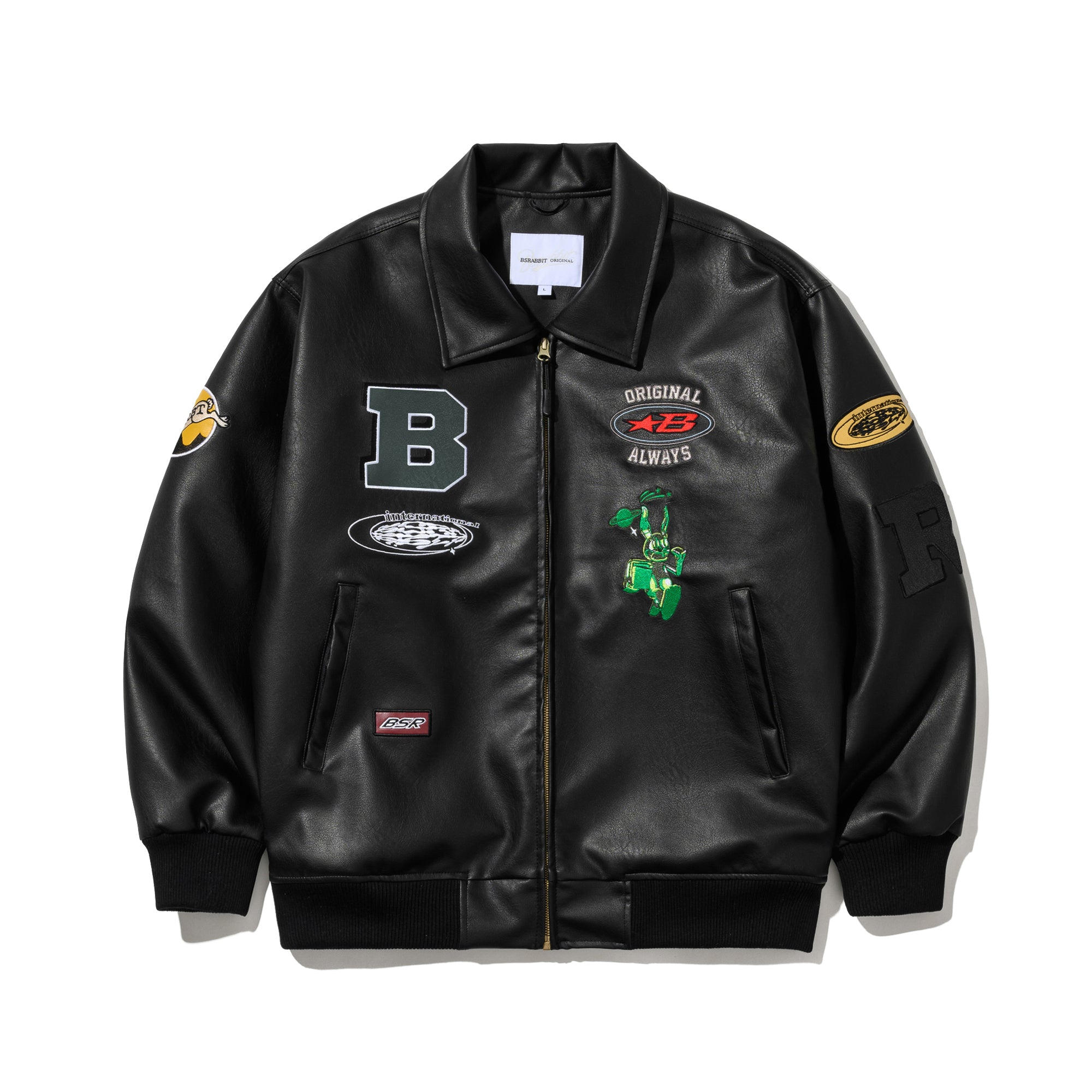 STAR B VARSITY JACKET VINTAGE LEATHER BLACK - Borderfree