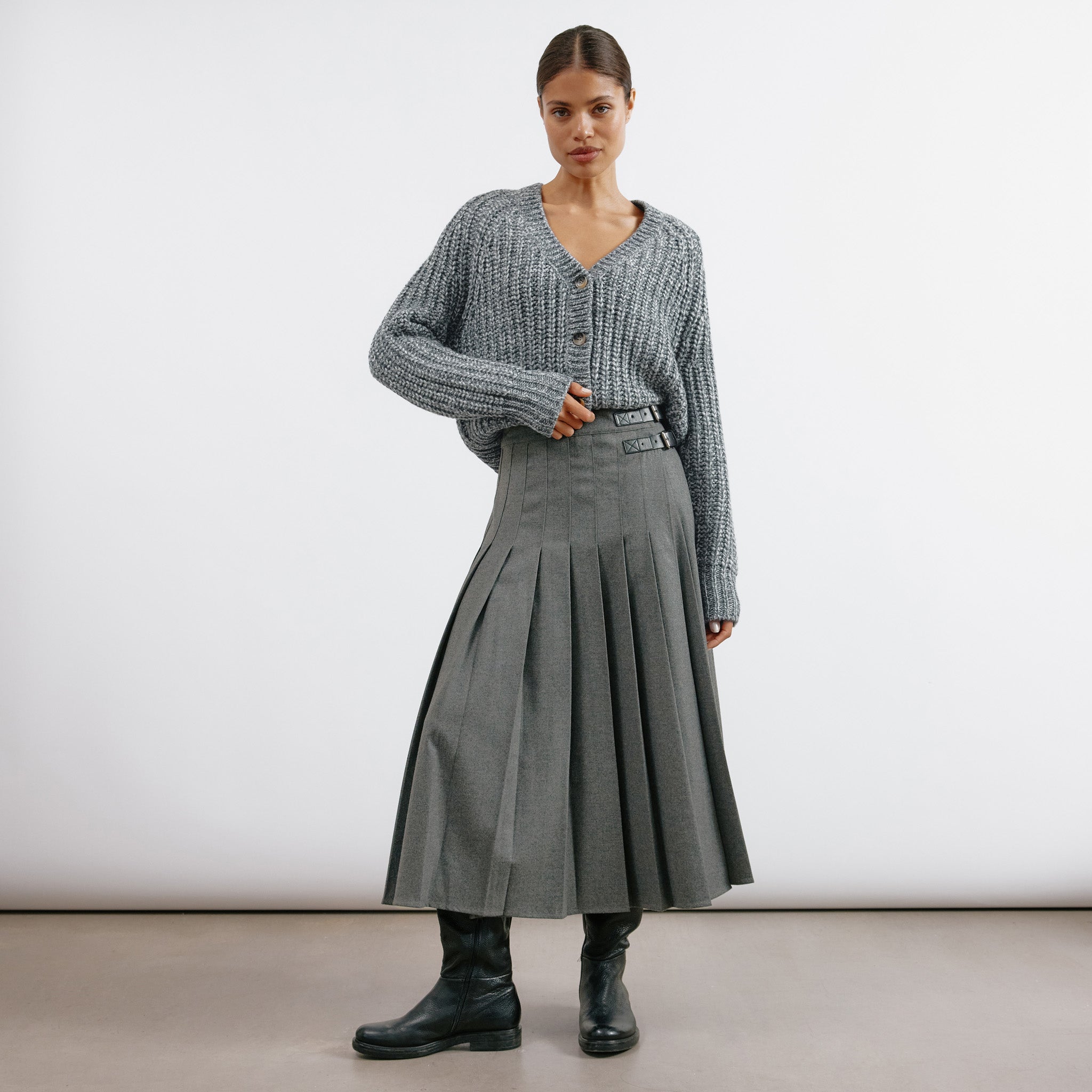 Grey Flannel Pleat Midi Skirt - Borderfree