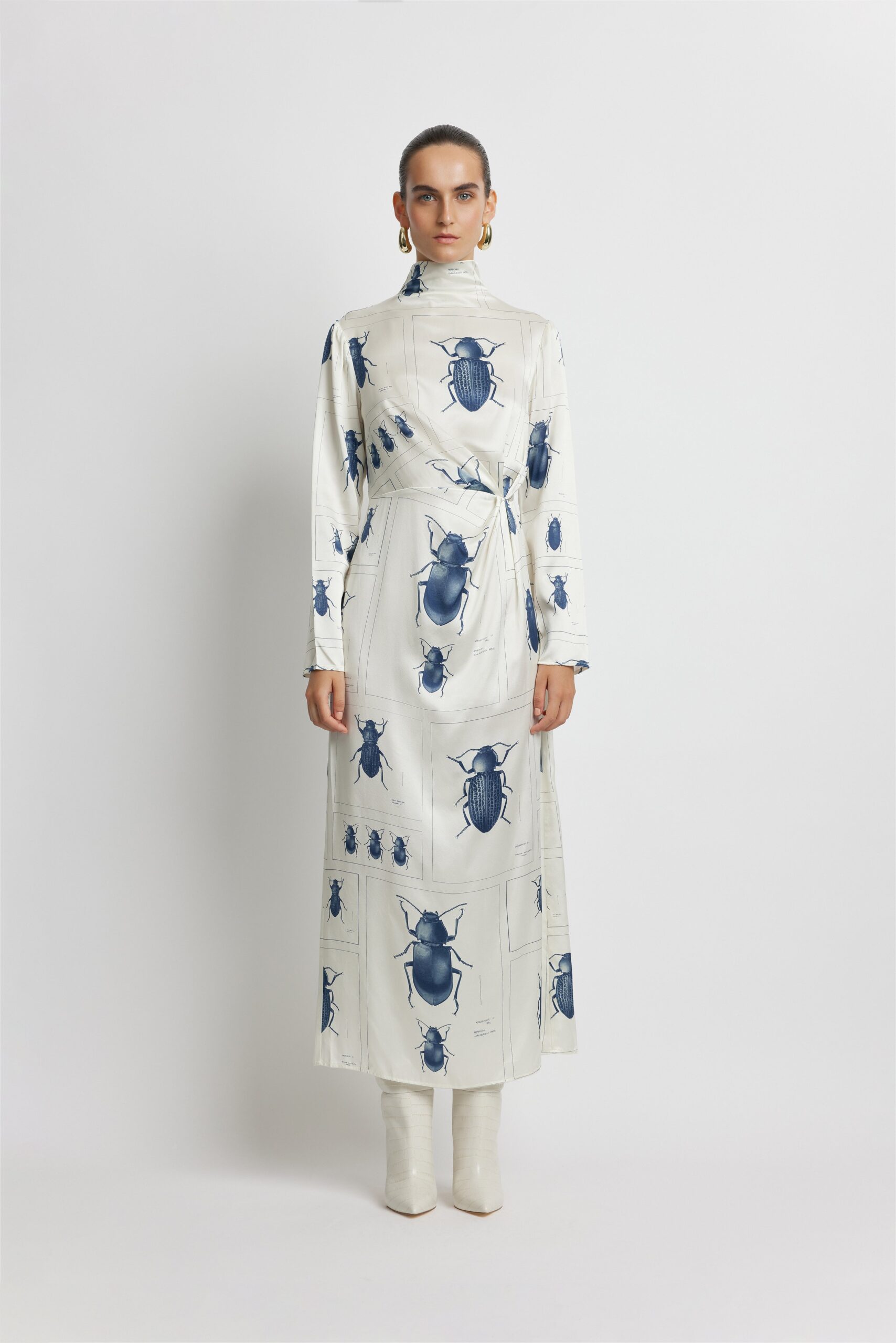 Twist Front Midi Silk Dress - Beetle Print - Borderfree
