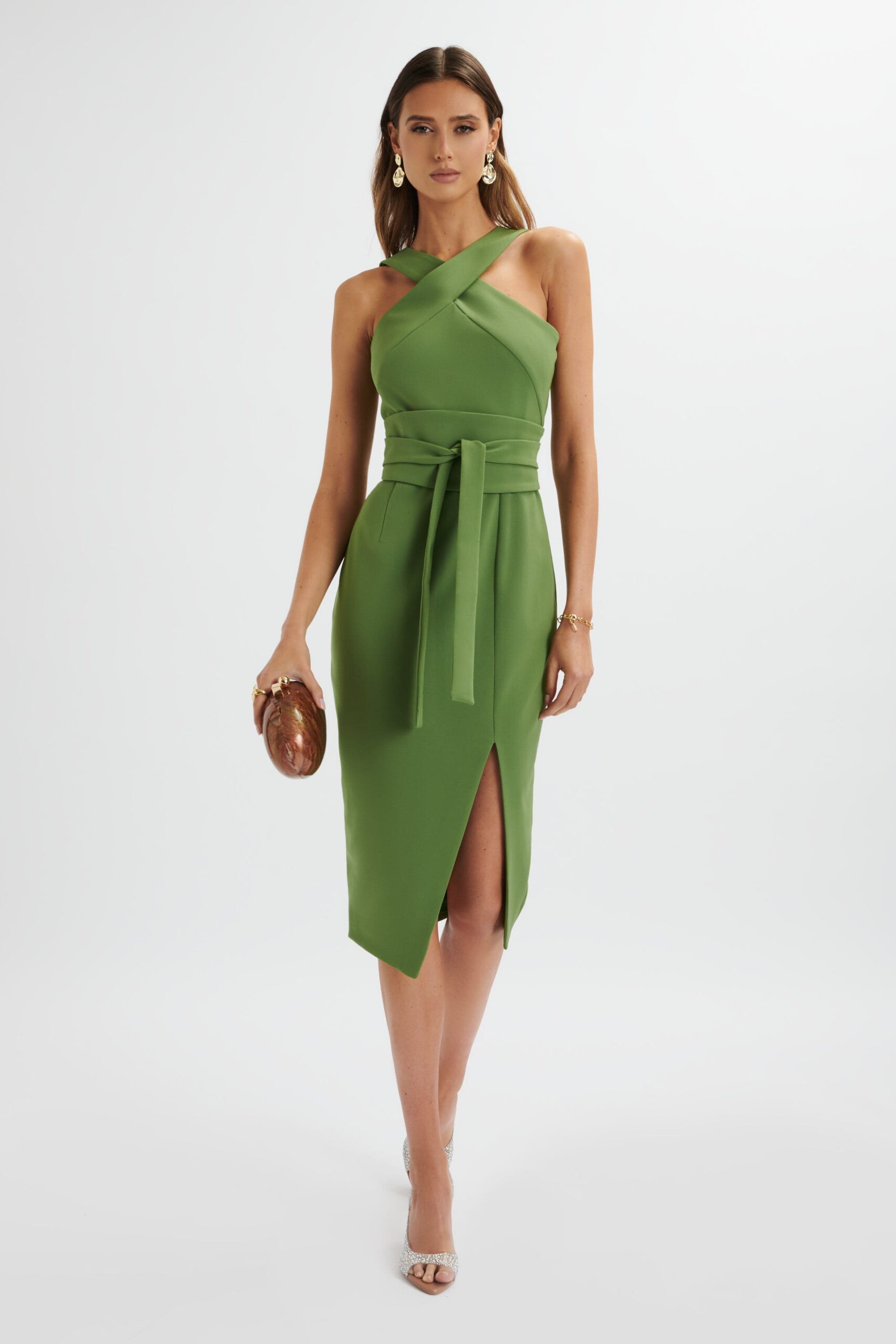 BRIELLE Obi Belt Halterneck Midi Dress In Green - Borderfree