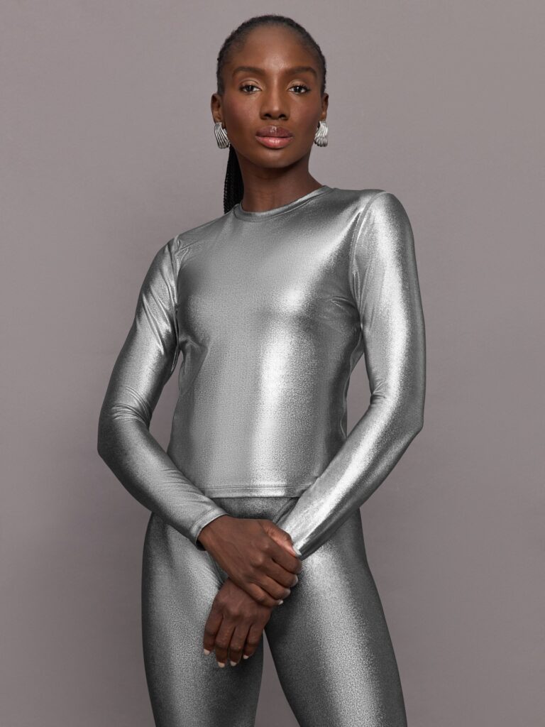 Liquid Metallic Long Sleeve Top - Metallic Silver - Borderfree