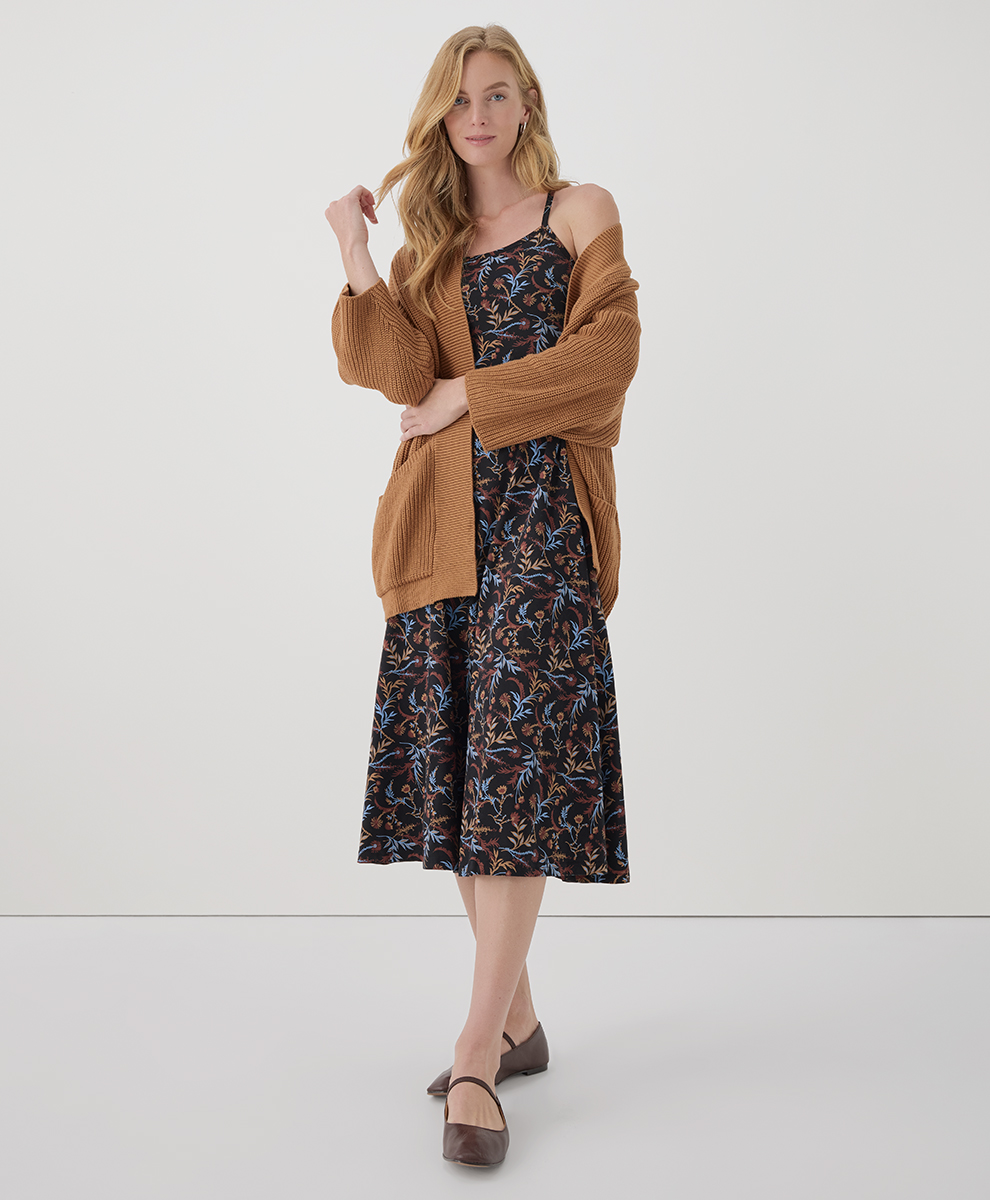 Organic Fit & Flare Midi Dress by pact in Whimsy Floral Black Fair Trade, Womens Size Regular X ...