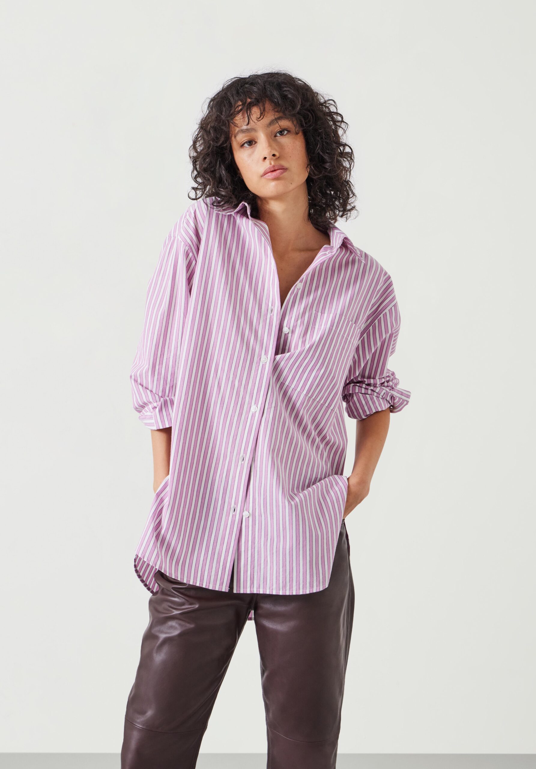 Hush Striped Collared 100% Cotton Lilac White Loose Below The Bottom Shirt Casual Work - Borderfree