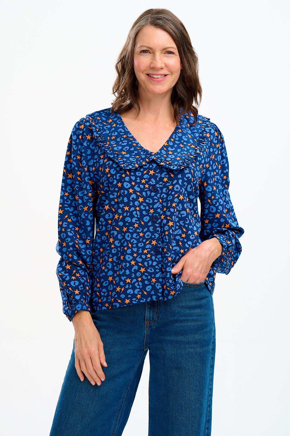 Henna Frill Blouse - Blue, Star Lightning Animal - Borderfree