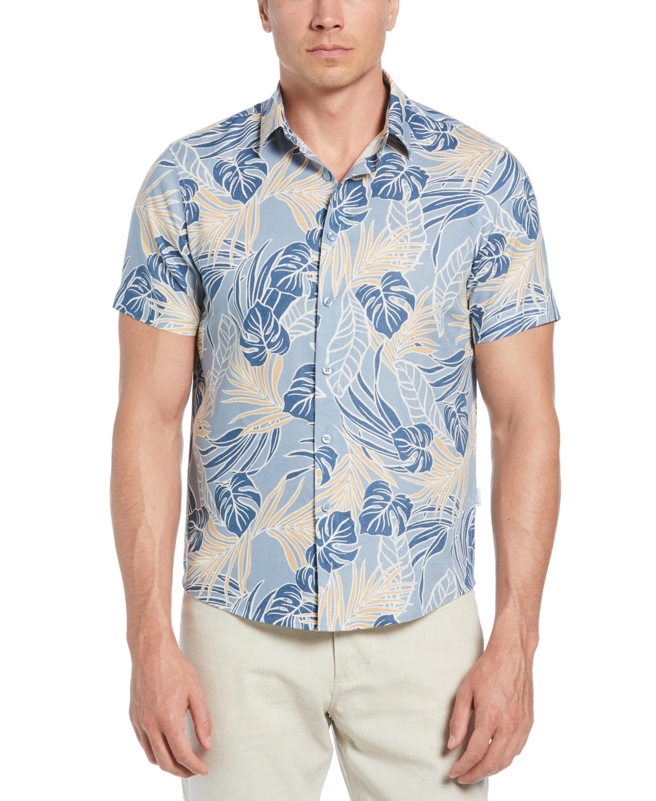 Linen-Blend Leaf Outline Print Shirt - Borderfree