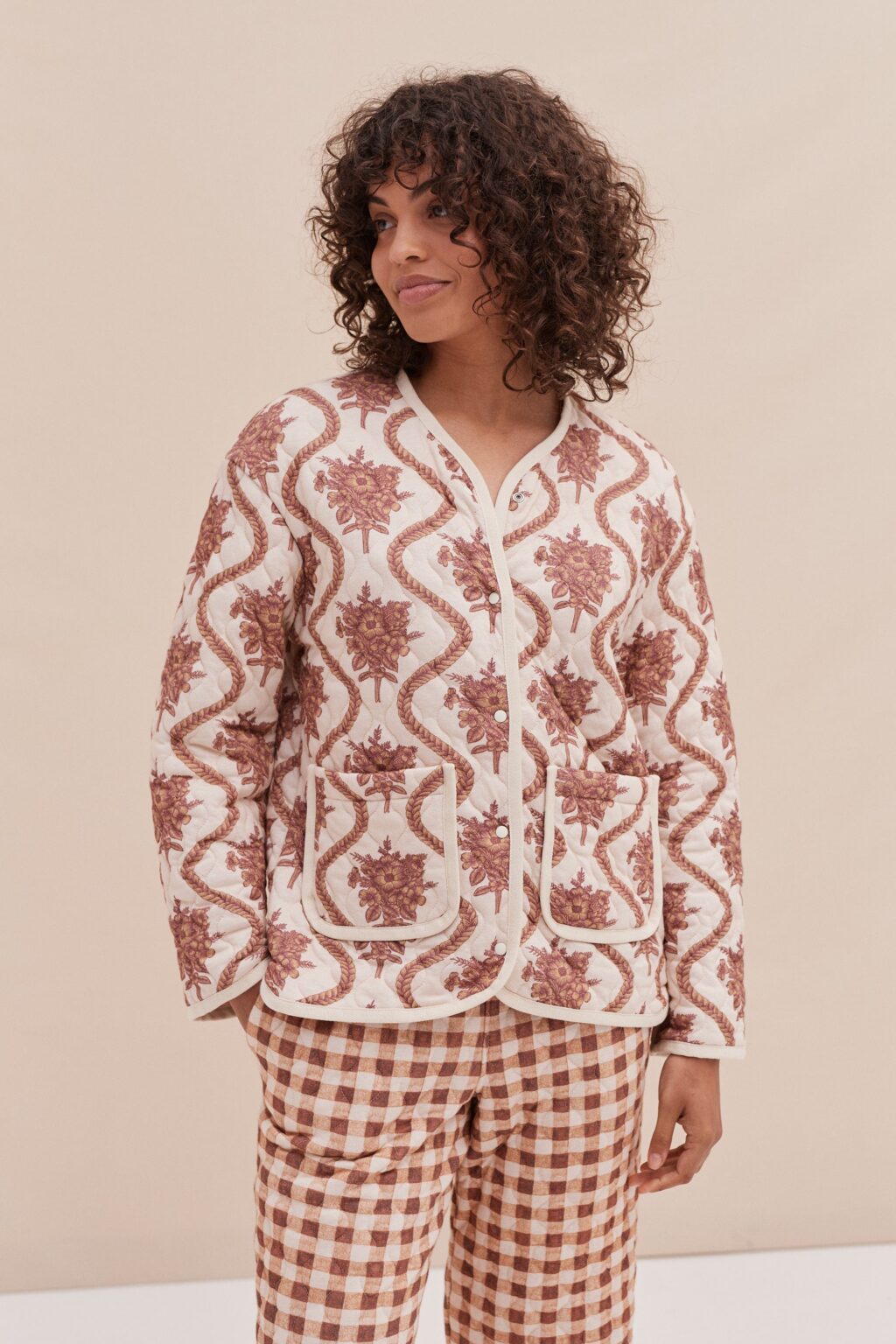 Quilted Jacket in Alpen Flora Print Cream and Brown - Borderfree