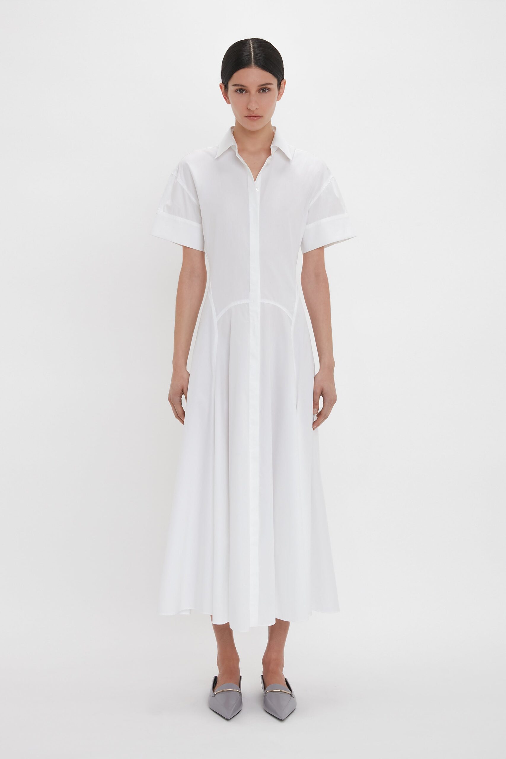 Panelled Shirt Dress In White - Borderfree