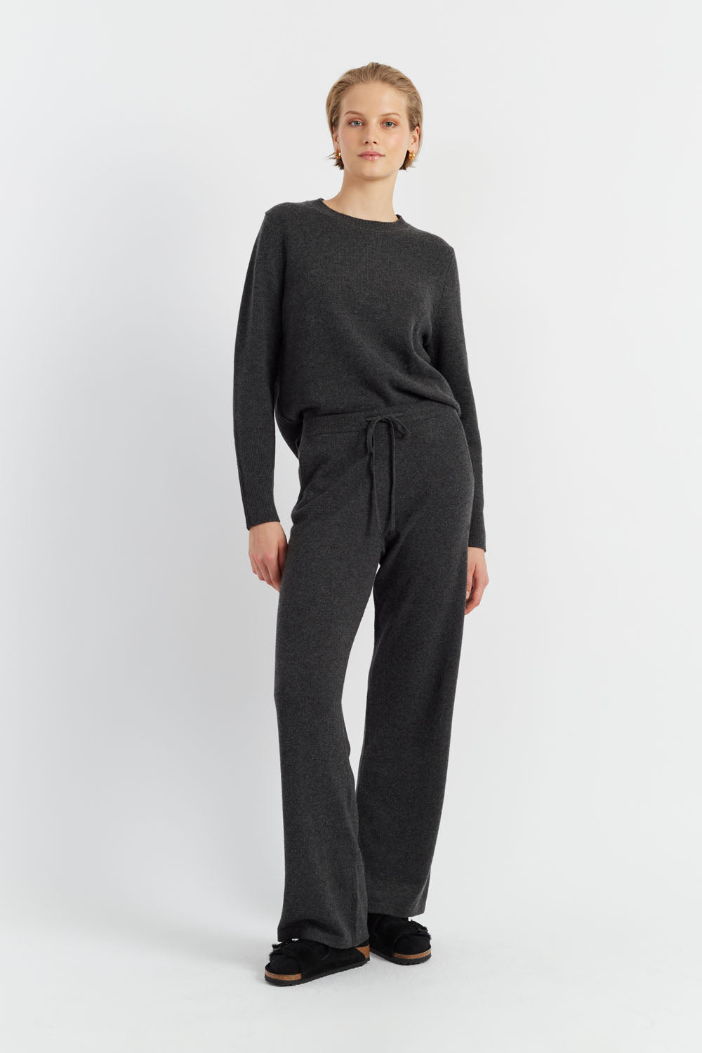 Charcoal Cashmere Wide-Leg Pants - Borderfree