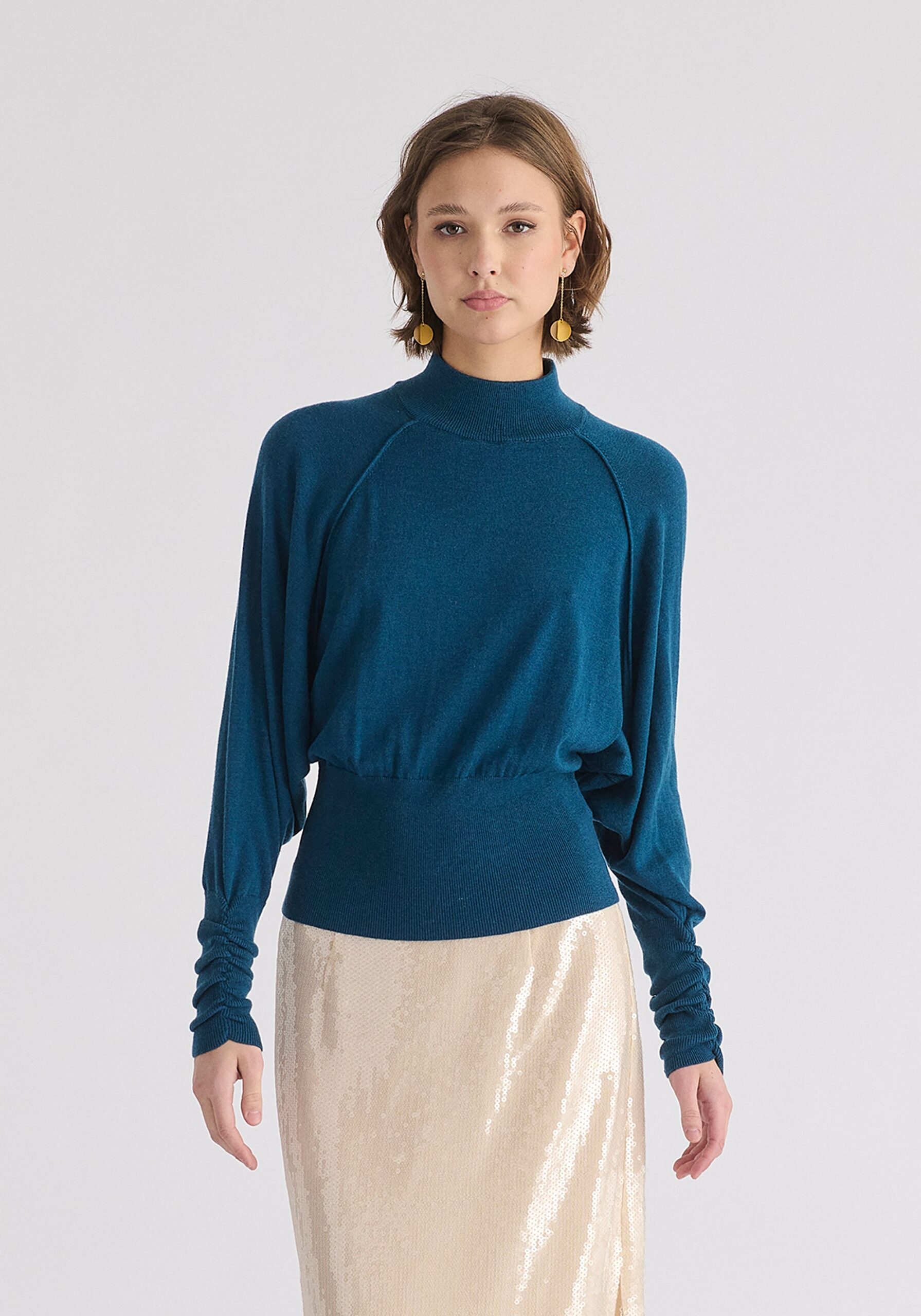 Mock Neck Batwing Jumper with Ruched Cuffs - Borderfree