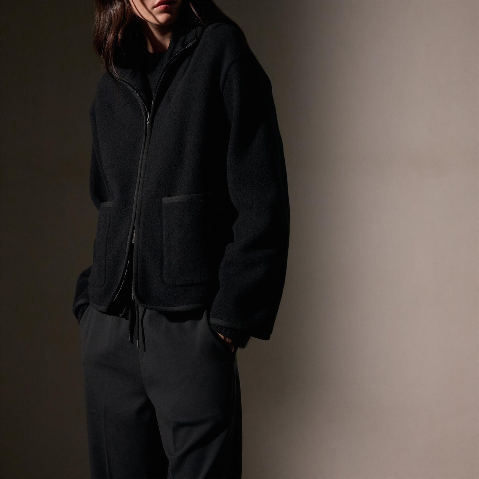 Wool Jersey Zip Up Jacket - Black - Borderfree