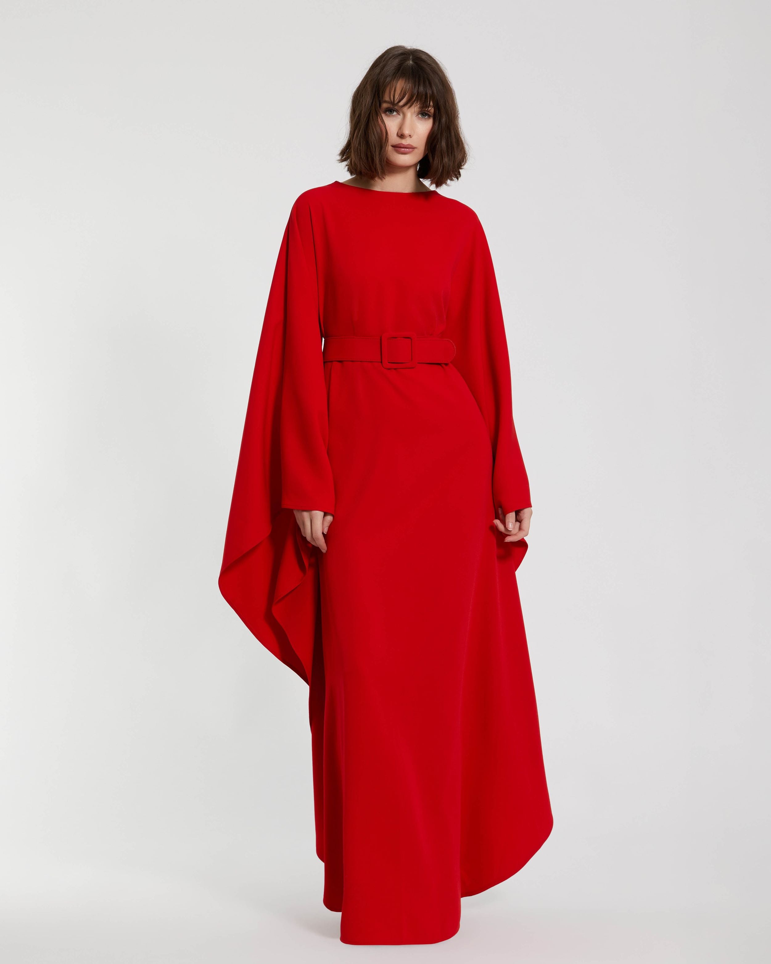 Red Crepe Boat Neck Caftan Maxi Dress With Belt - Borderfree