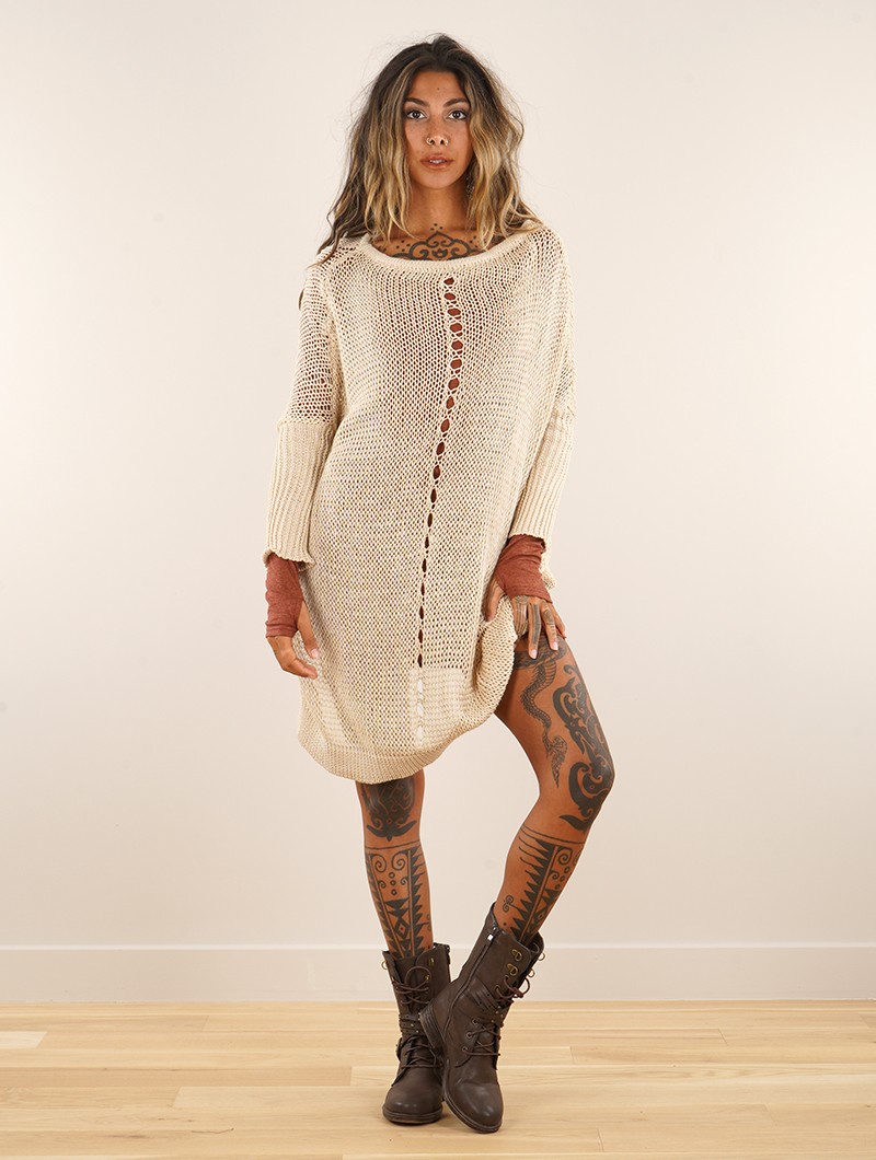 "Jaring" open-weave tunic dress, Beige One size - Borderfree