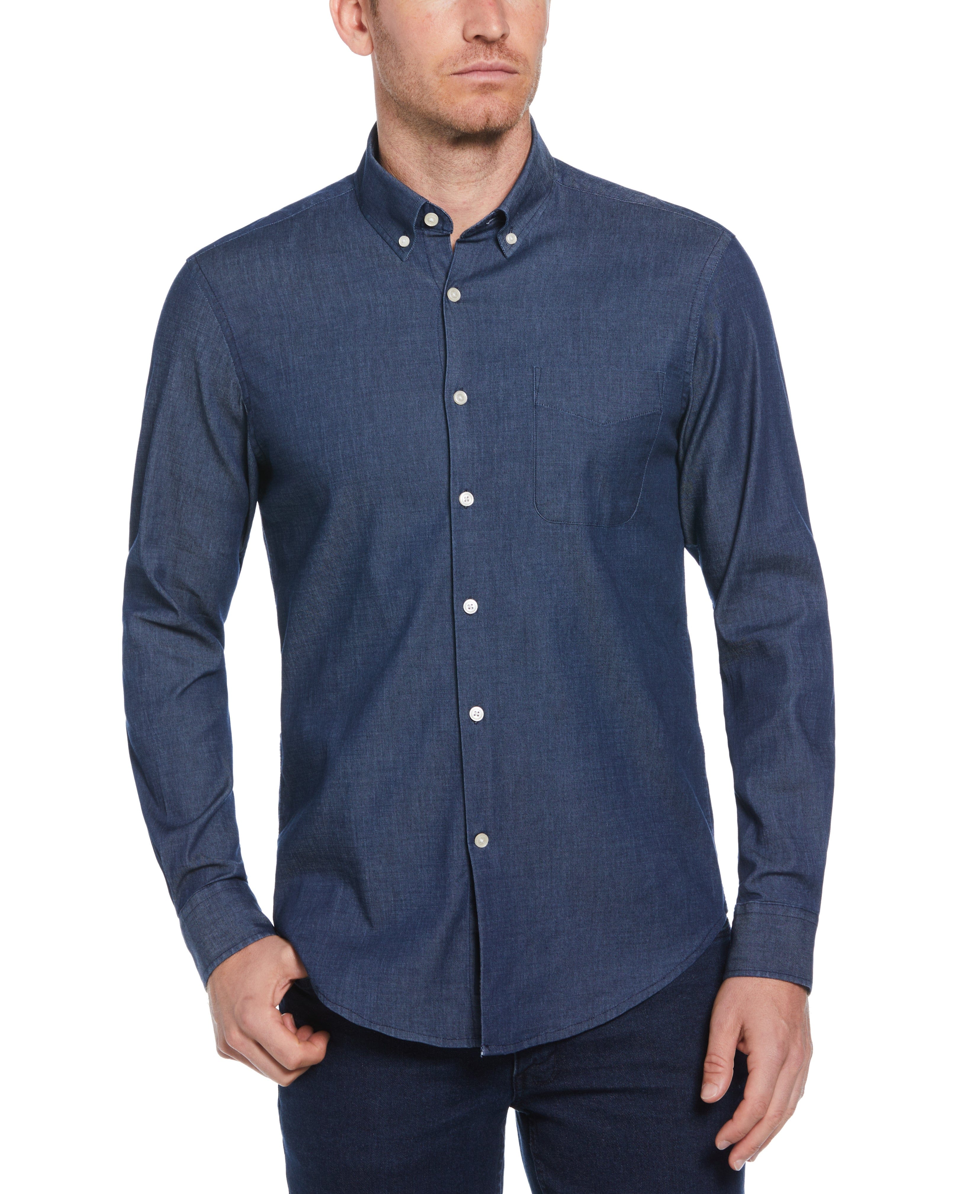 Slim Fit Denim-Like Button Down Woven Shirt - Borderfree