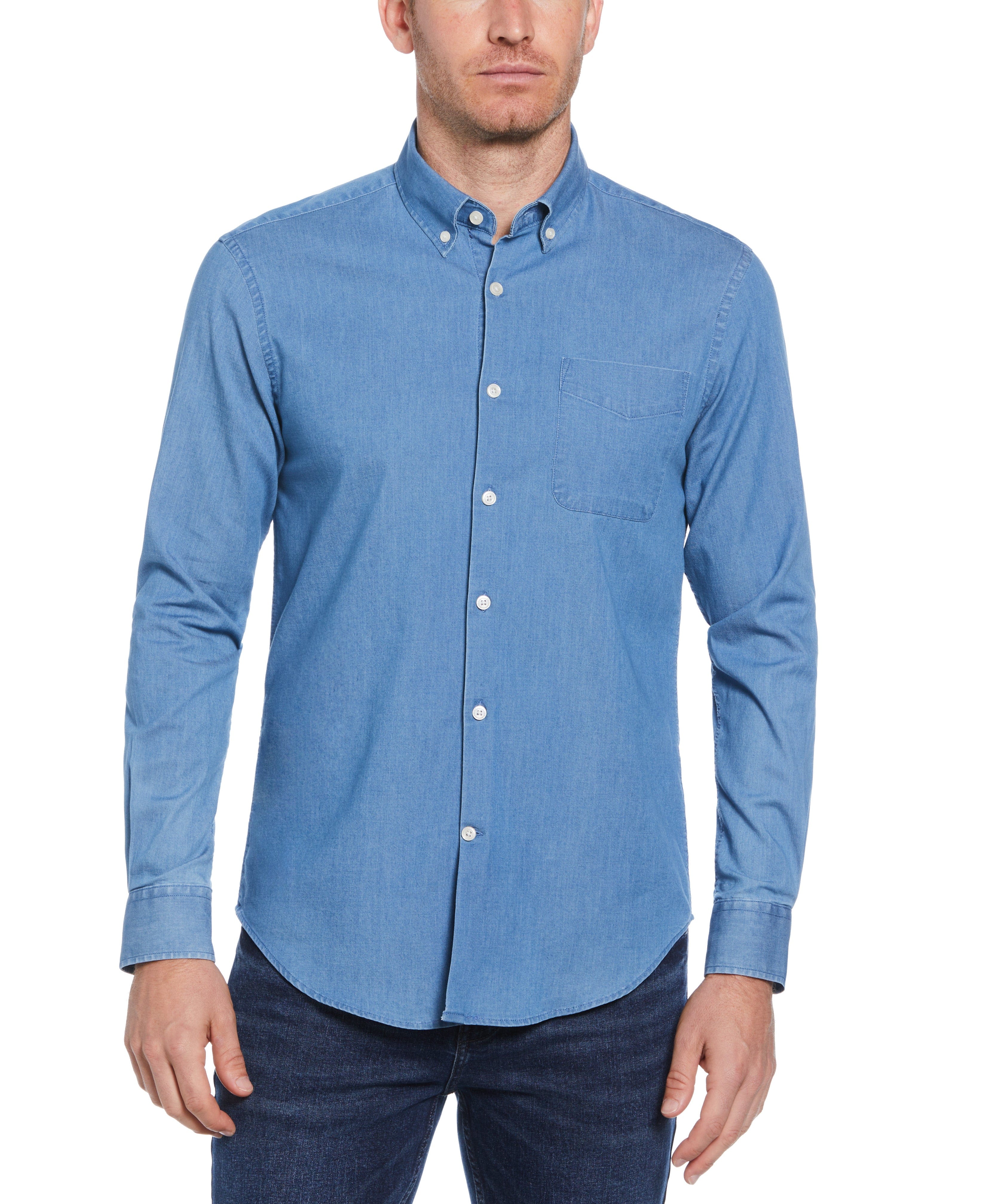 Slim Fit Denim-Like Button Down Woven Shirt - Borderfree