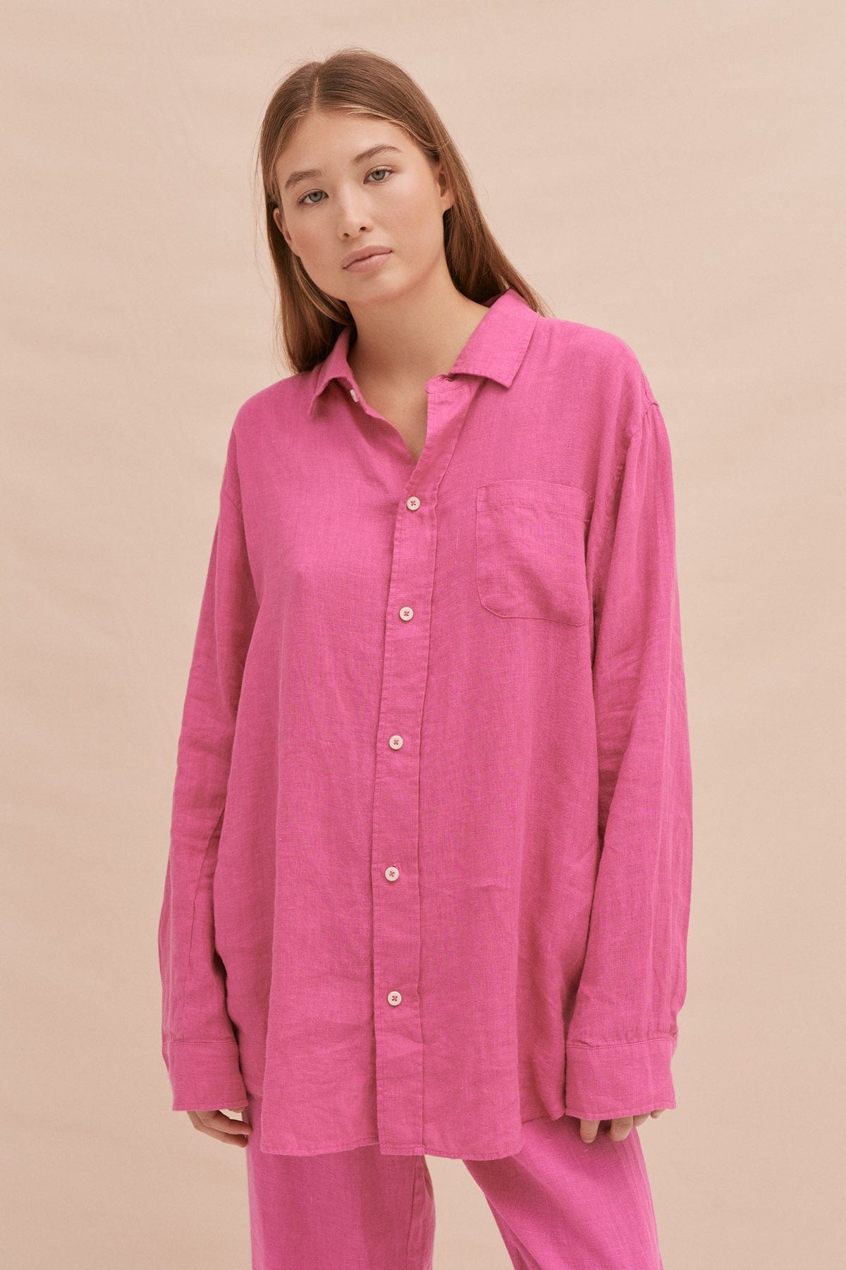 Lounge Shirt Cerise Pink Linen - Borderfree