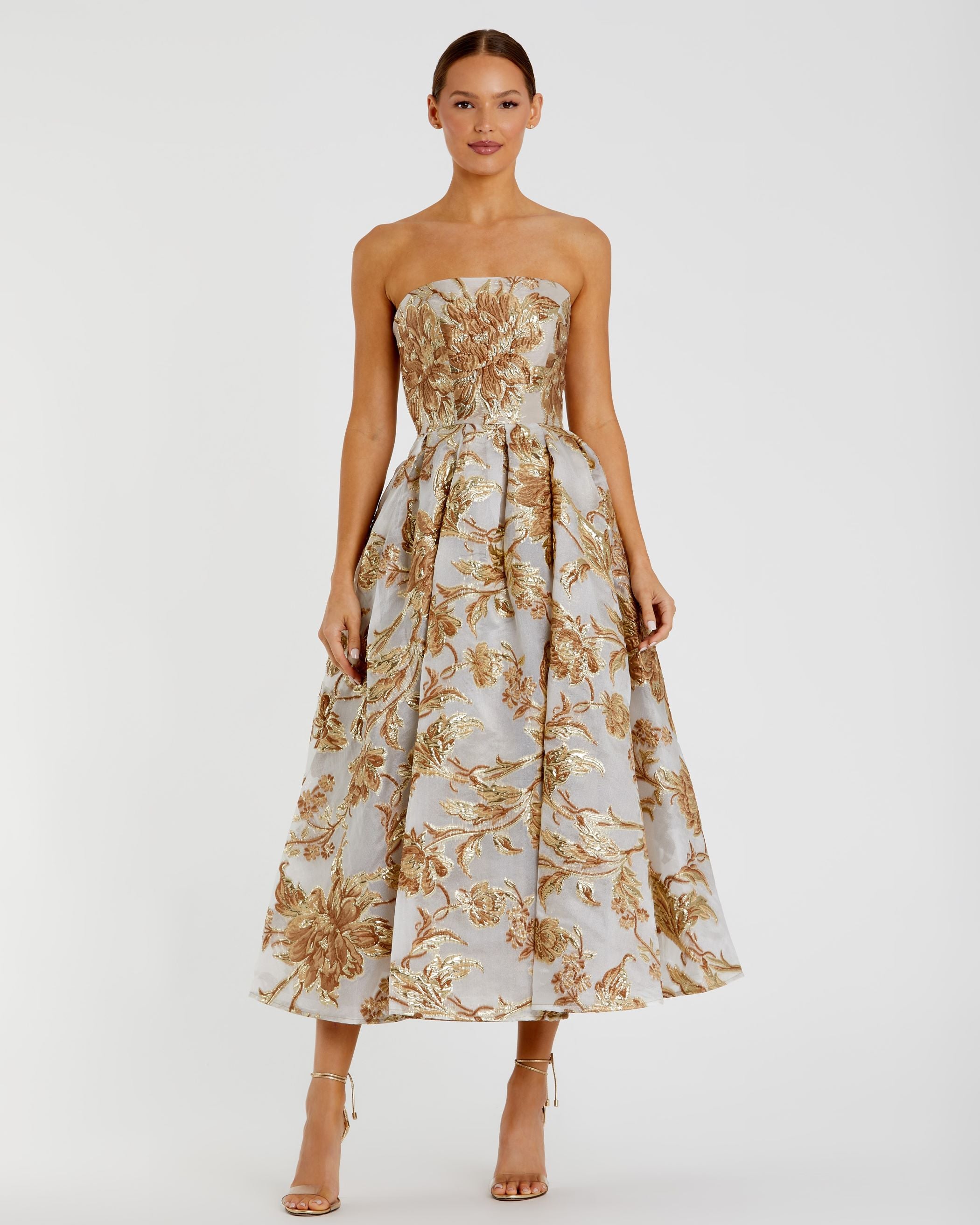 Gold Strapless Brocade Midi Dress with Pockets - Borderfree