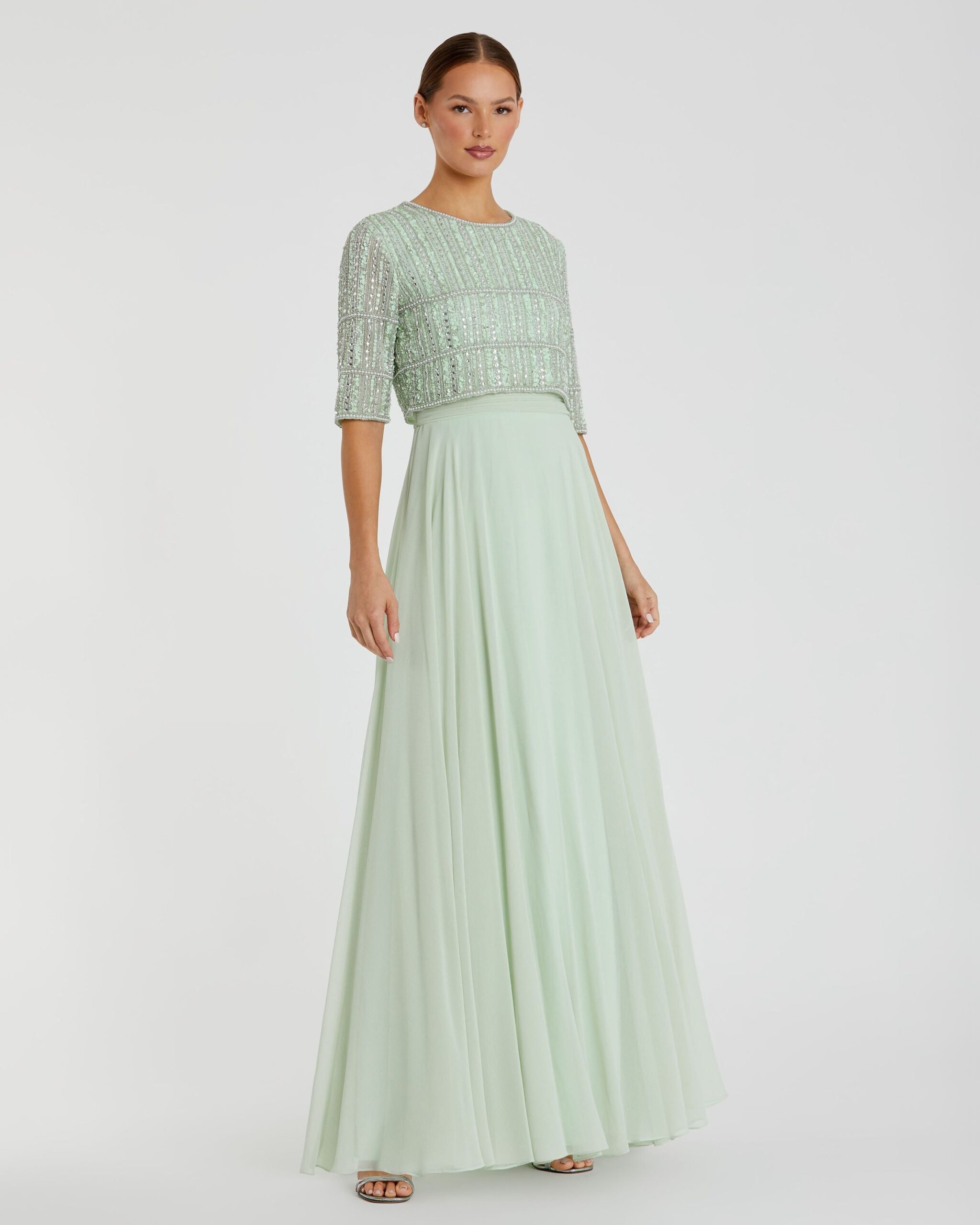 Green Chiffon Gown w/ Fully Beaded 3/4 Sleeve Top - Borderfree