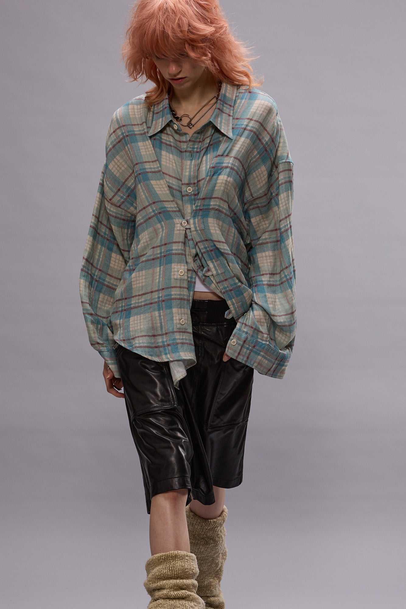 DOUBLE FRONT SHIRT - CREAM/LIGHT BLUE PLAID - Borderfree