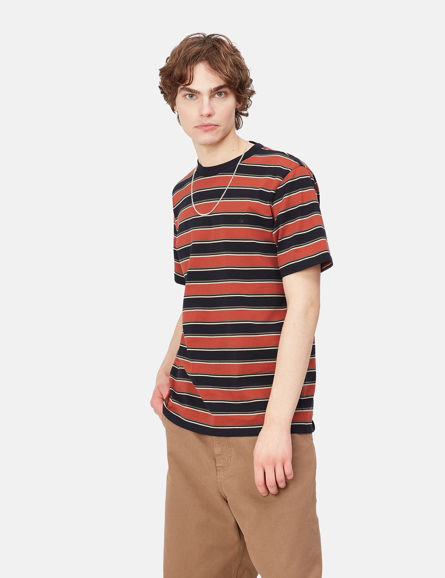 Carhartt-WIP Leone T-Shirt (Leone Stripe) - Phoenix Red - Borderfree