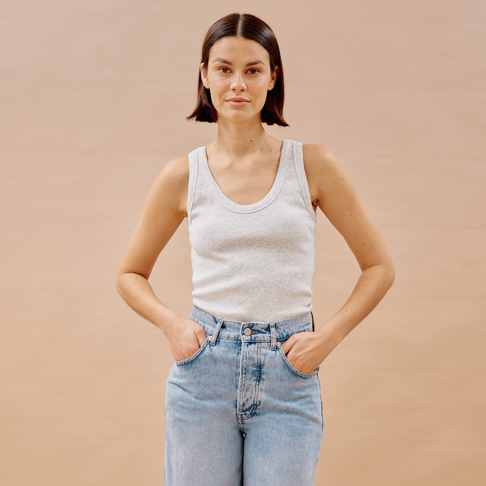 Grey Marl Scoop Rib Vest - Borderfree