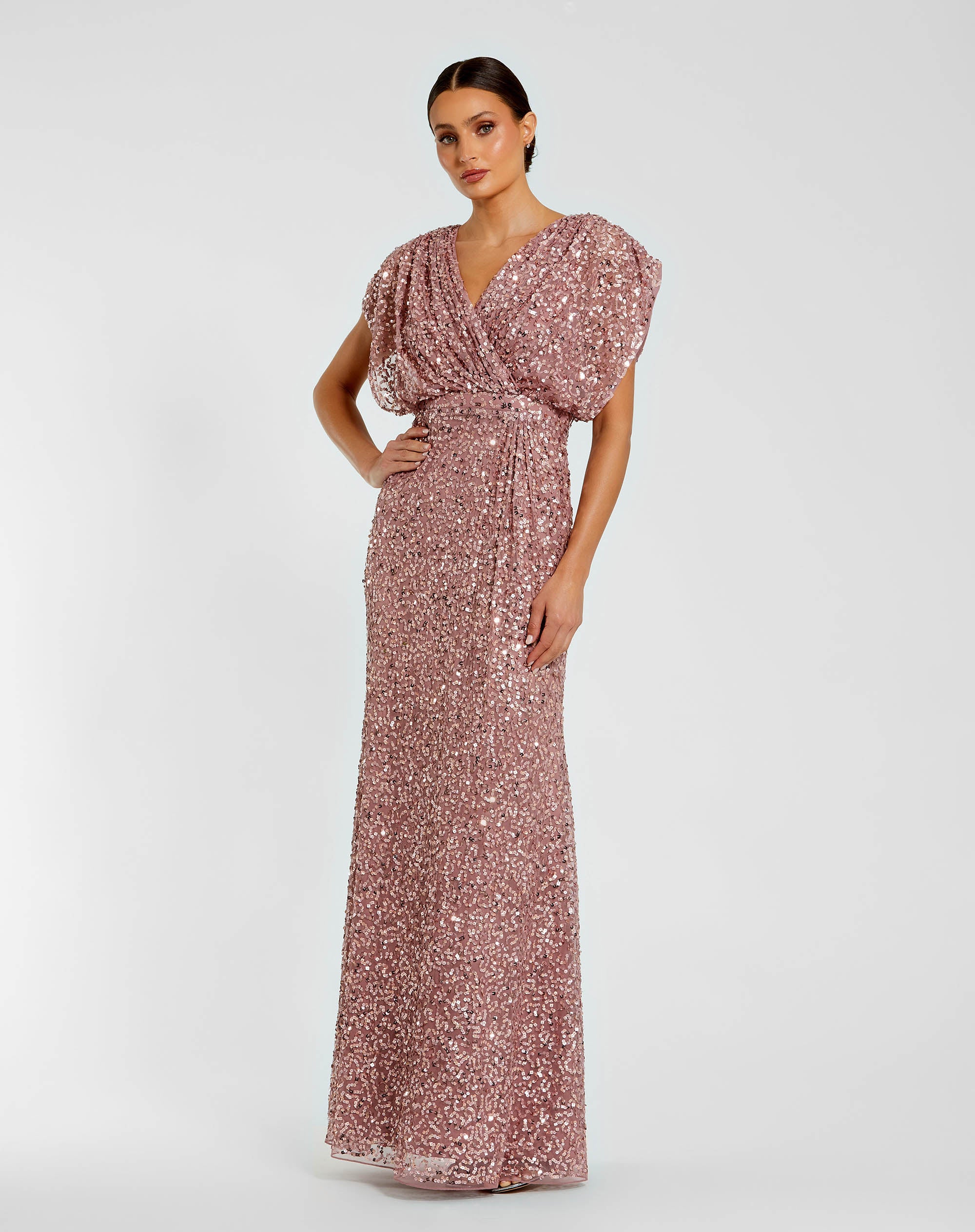 Purple Draped Sleeve V Neck Gown - Borderfree