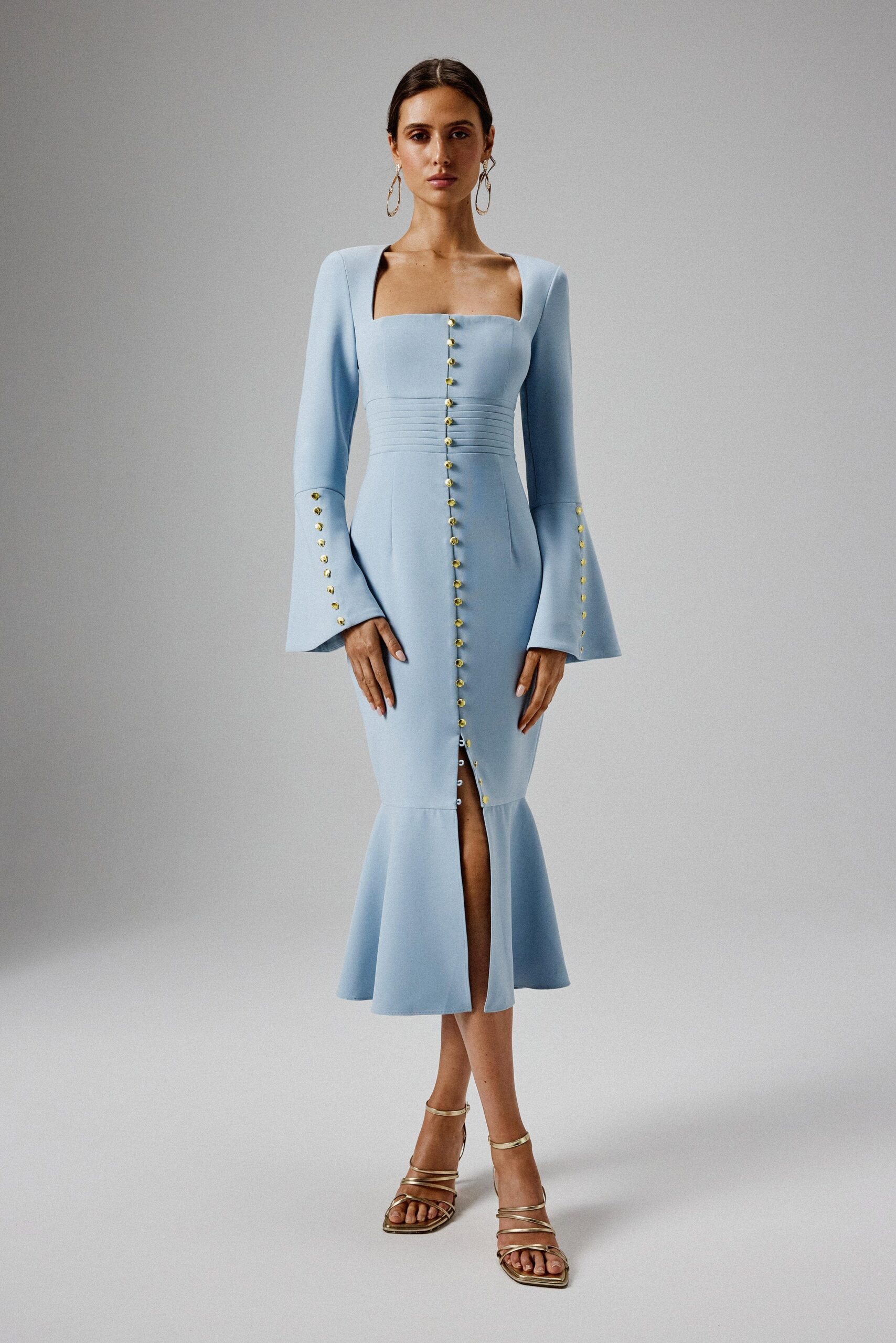 SERENA Fluted Sleeve Micro Shell Button Midi Dress in Light Blue ...