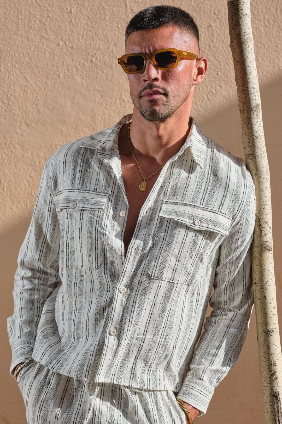 White Striped Linen Overshirt - Borderfree