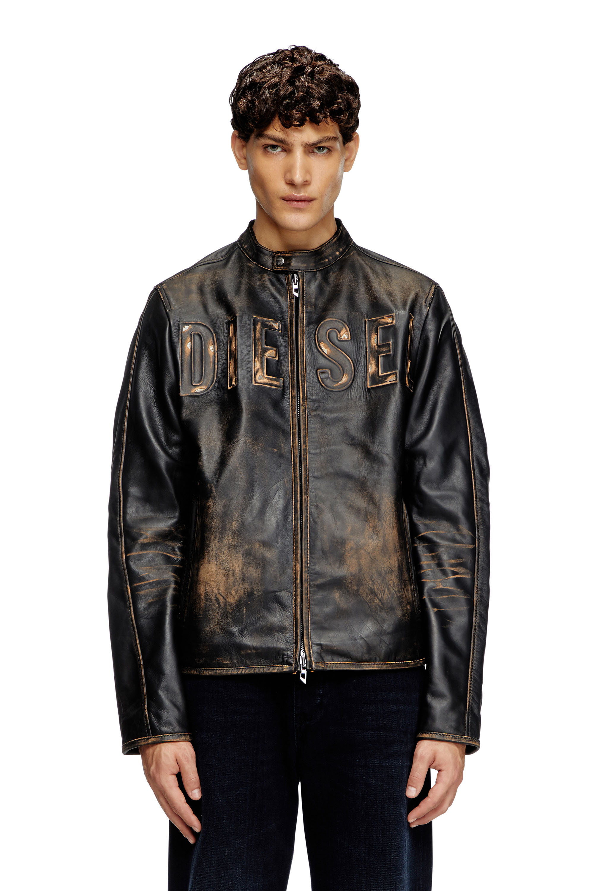 Diesel - Leather biker jacket with distressed logo - Leather jackets ...