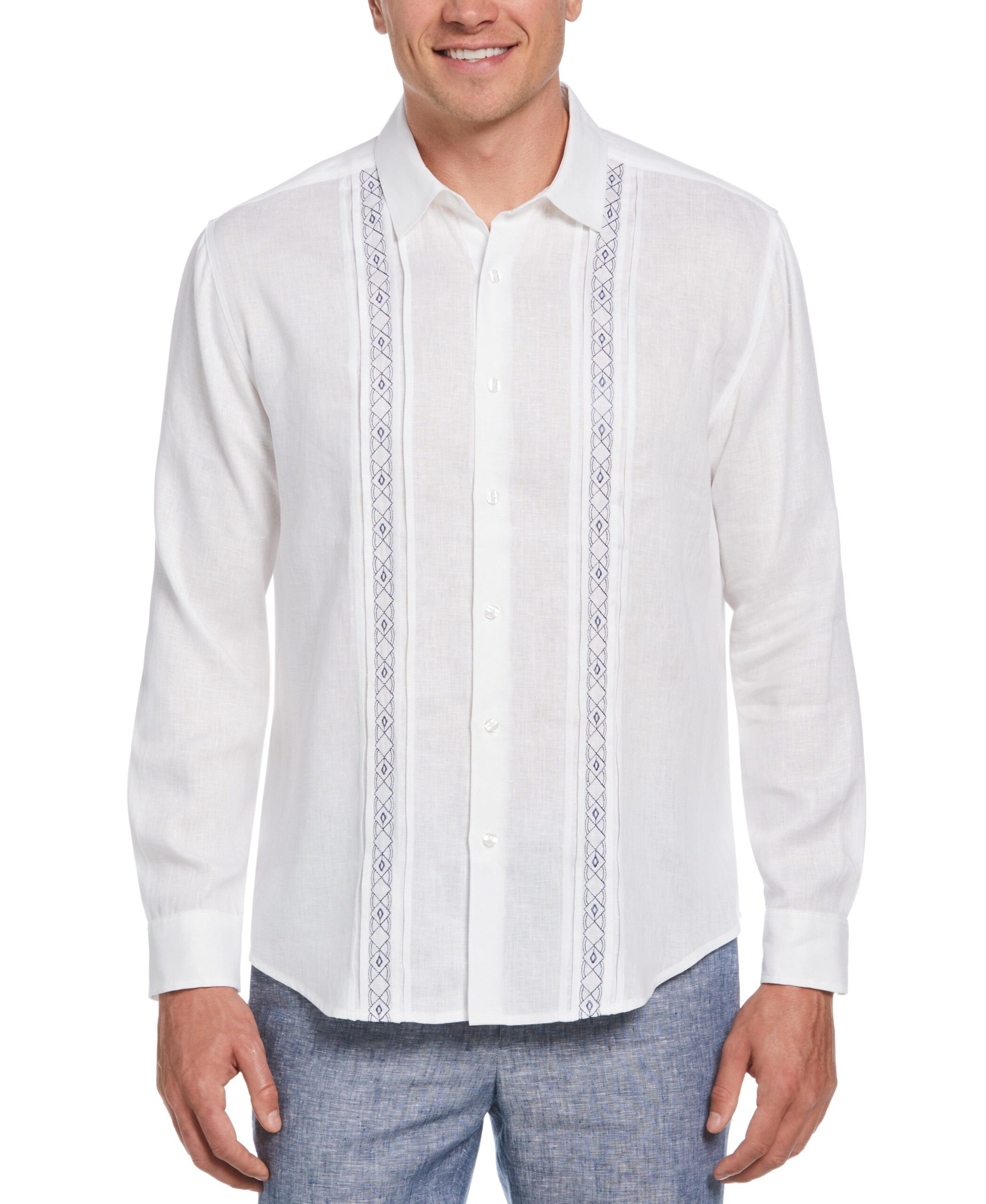 Cross Dye Linen Pintuck Embroidered Panel Shirt - Borderfree