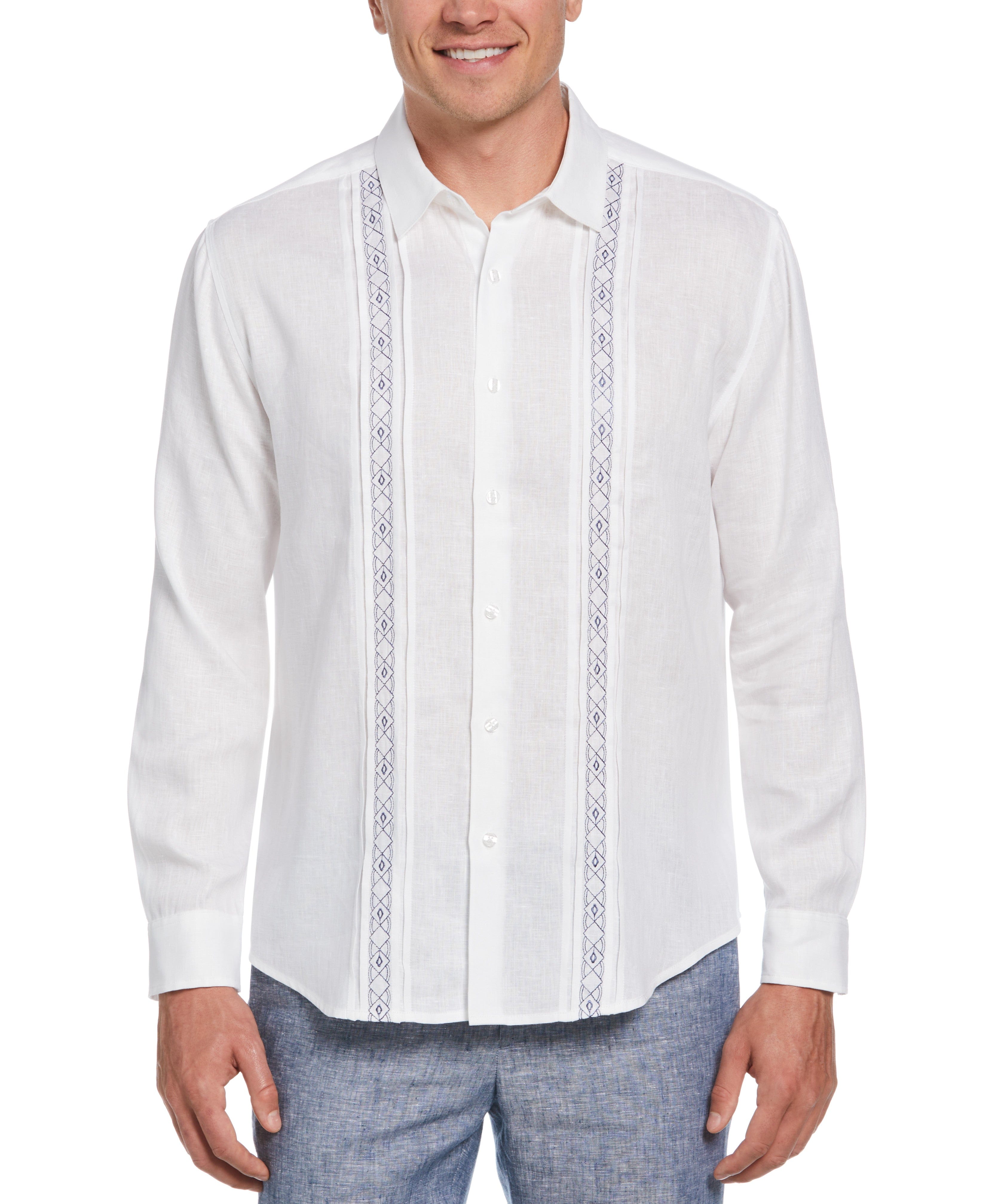 Cross Dye Linen Pintuck Embroidered Panel Shirt - Borderfree