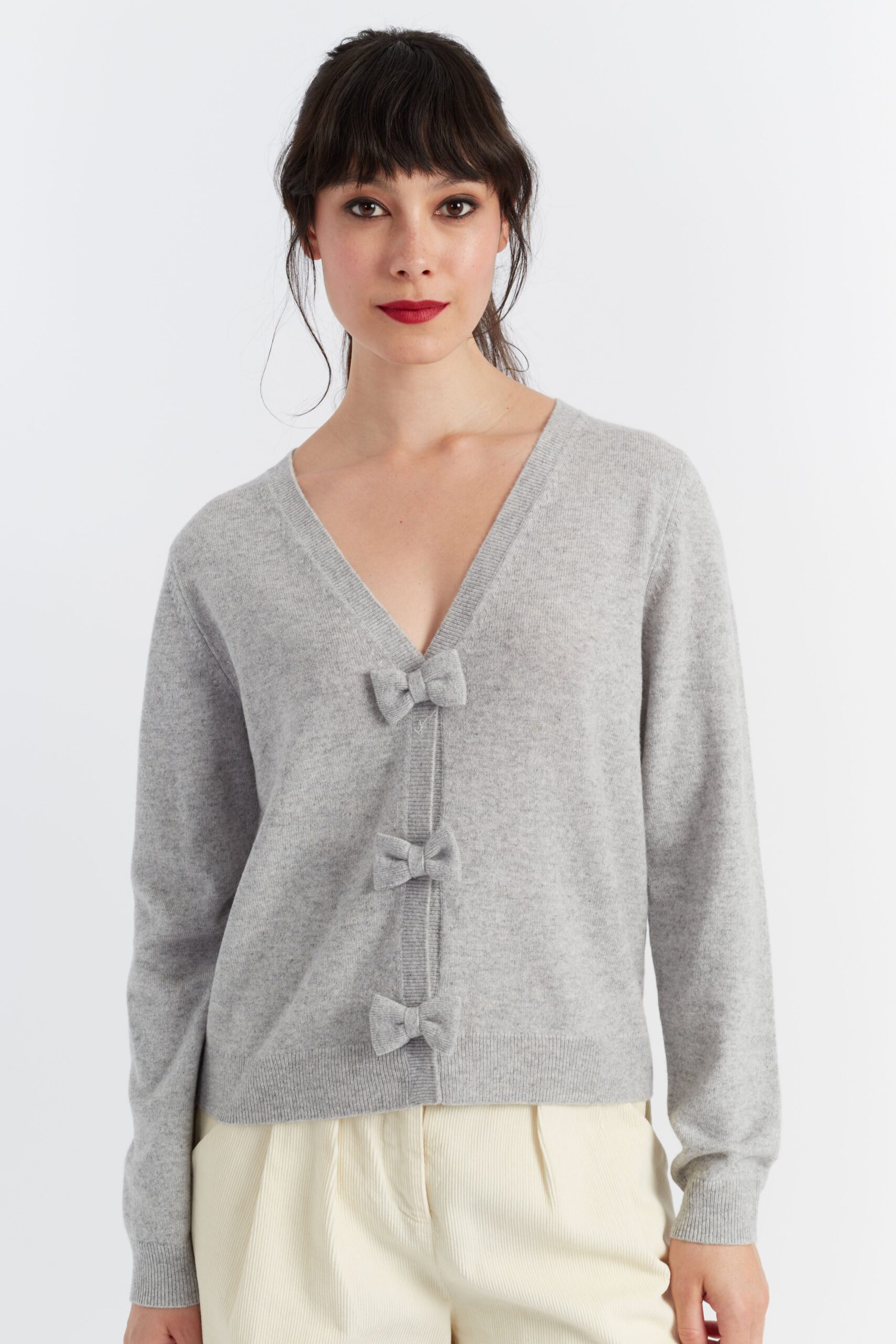 Light-Grey Wool-Cashmere Hello Kitty Bow Cardigan - Borderfree