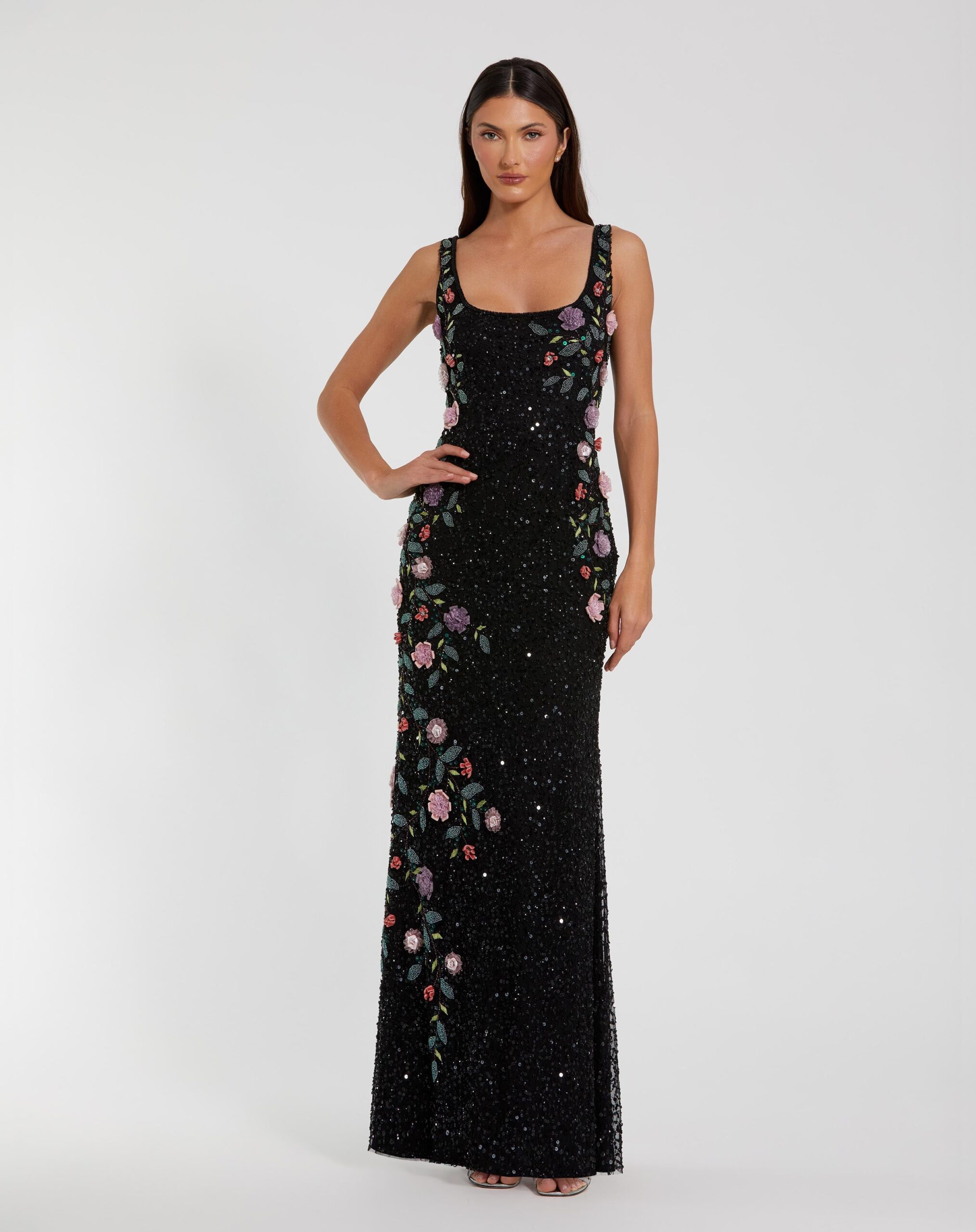Black Floral Beaded Mesh Scoop Neck Sleeveless Gown - Borderfree