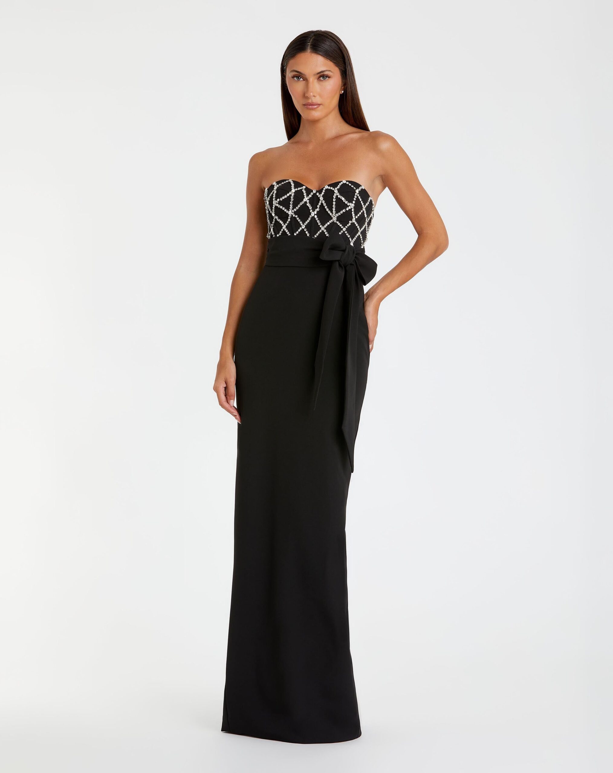 Black Embellished Strapless Bustier With Bow Crepe Gown - Borderfree