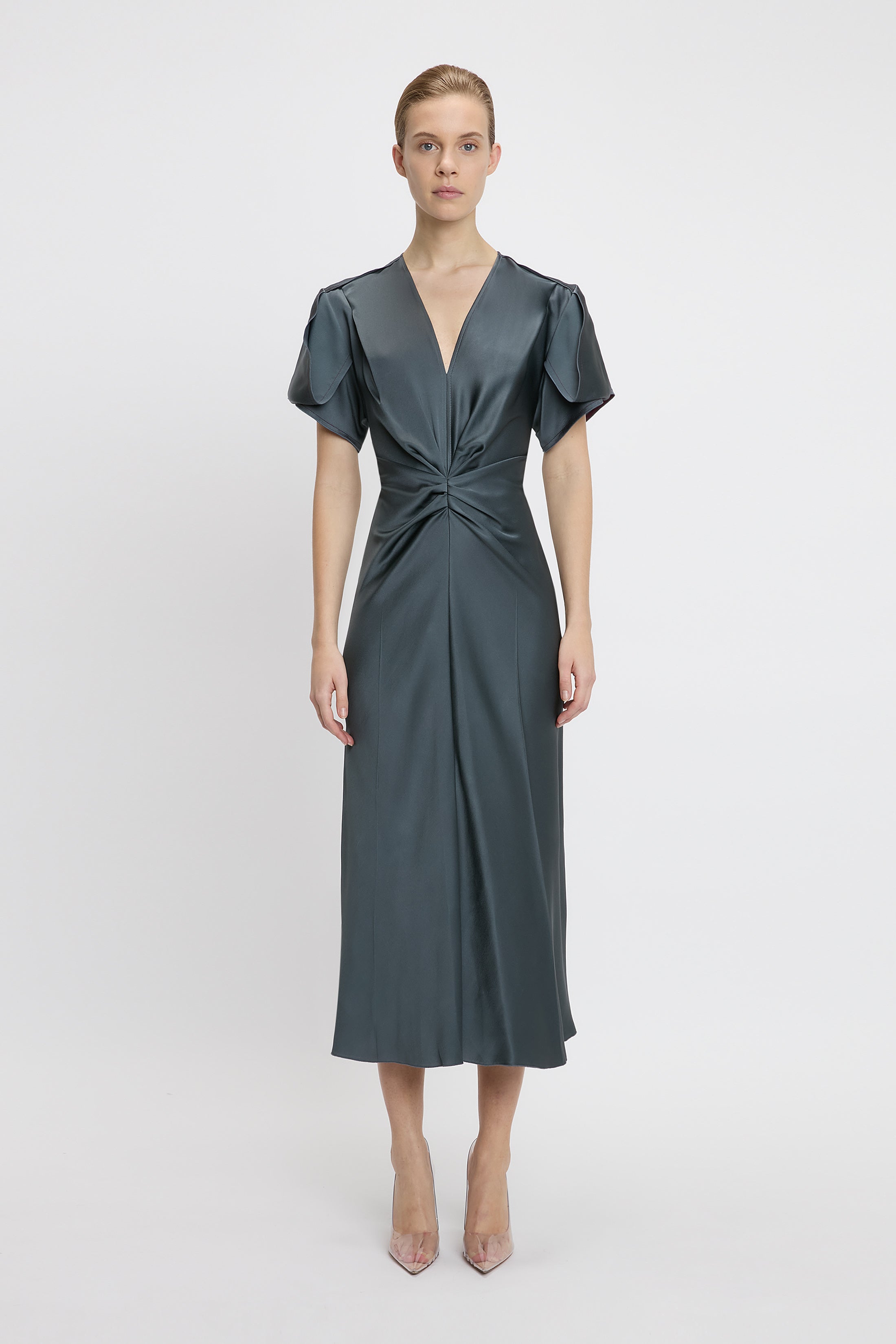 Gathered V-Neck Midi Dress In Graphite - Borderfree