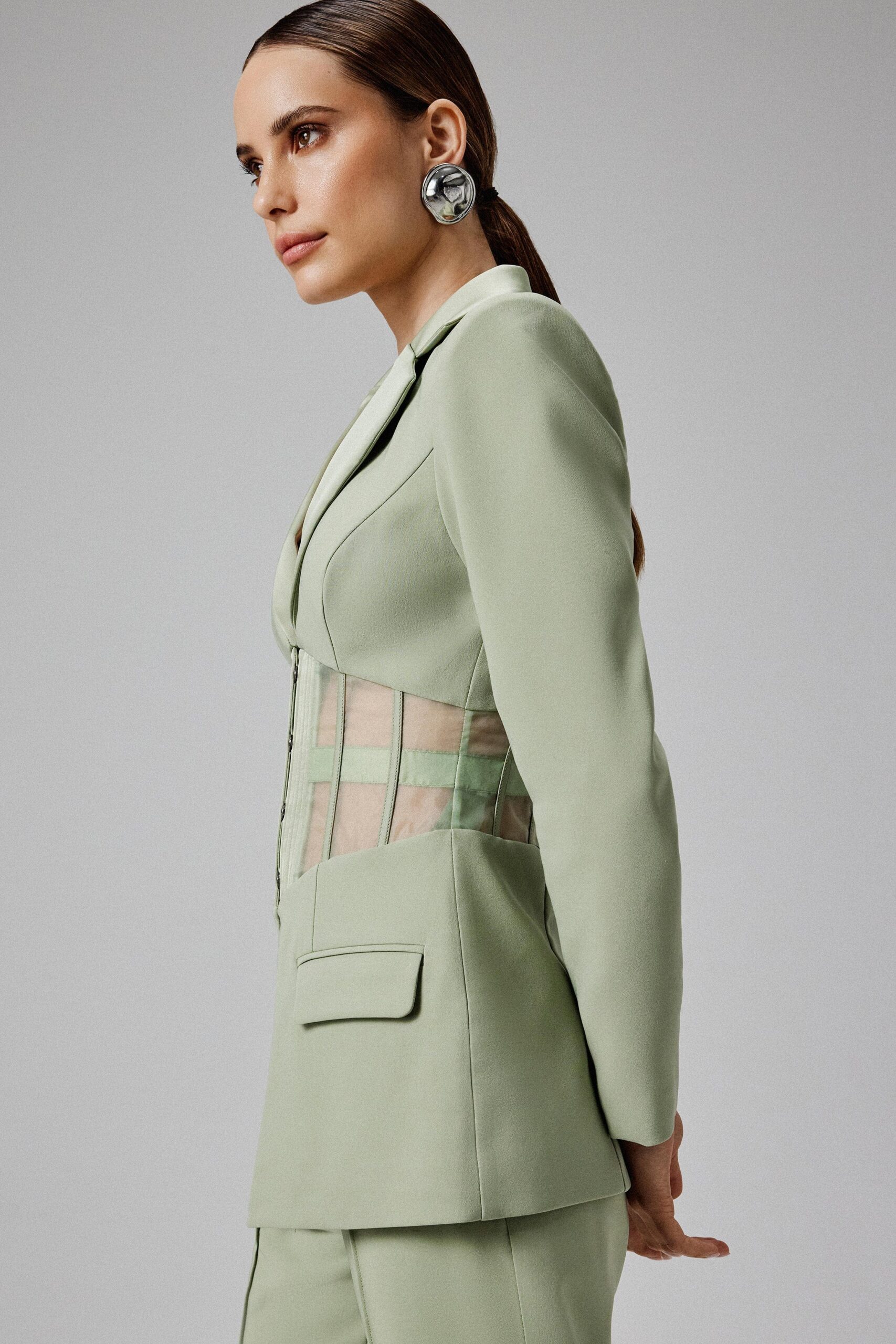 ROSIE Sheer Satin Mix Corset Blazer in Sage Green - Borderfree