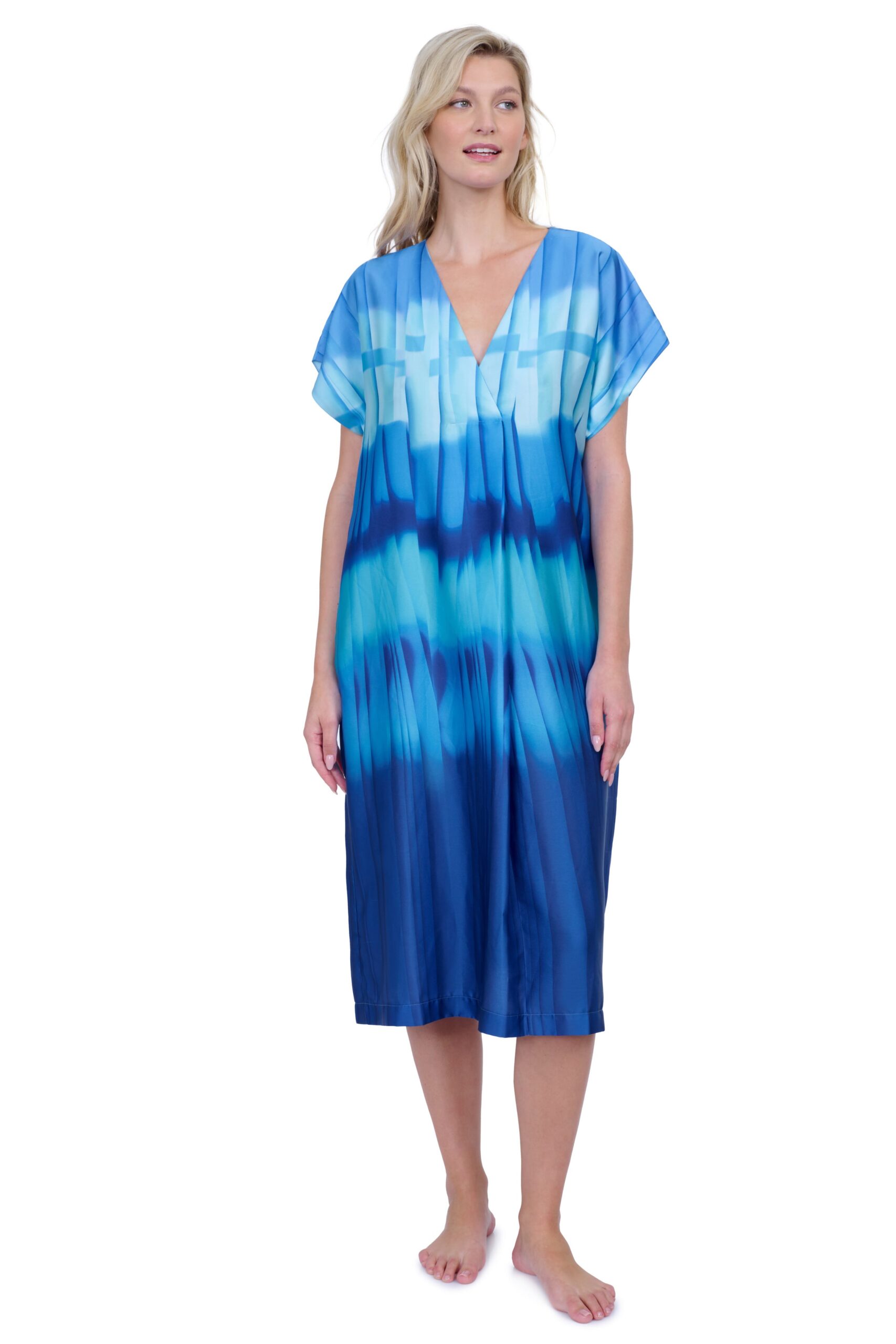Golden Hour V-Neck Long Tunic Cover Up - Blue - Borderfree