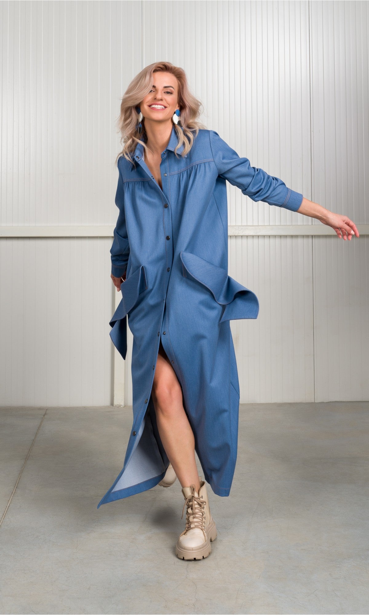 Chambray Shirt Dress with Flap Pockets - Borderfree
