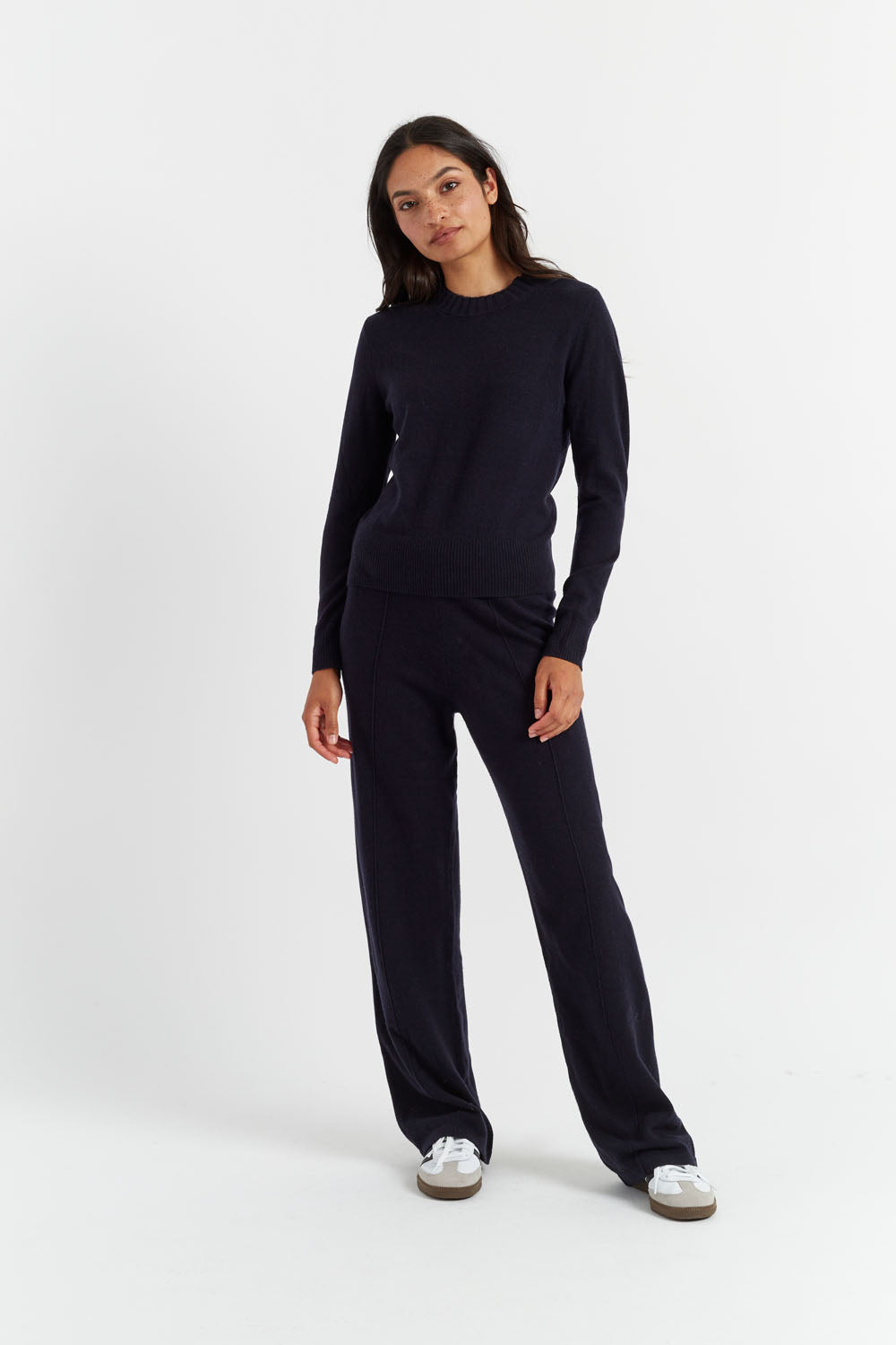 Navy Wool-Cashmere Wide-Leg Track Pants - Borderfree