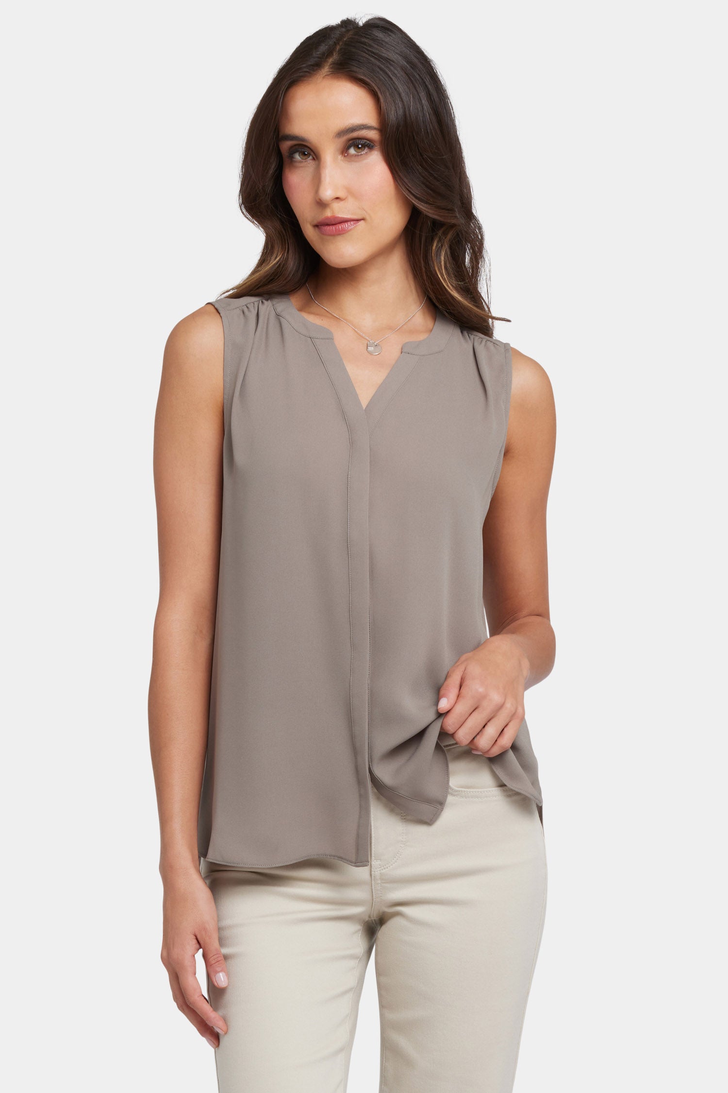 Sleeveless Pintuck Blouse - Saddlewood - Borderfree