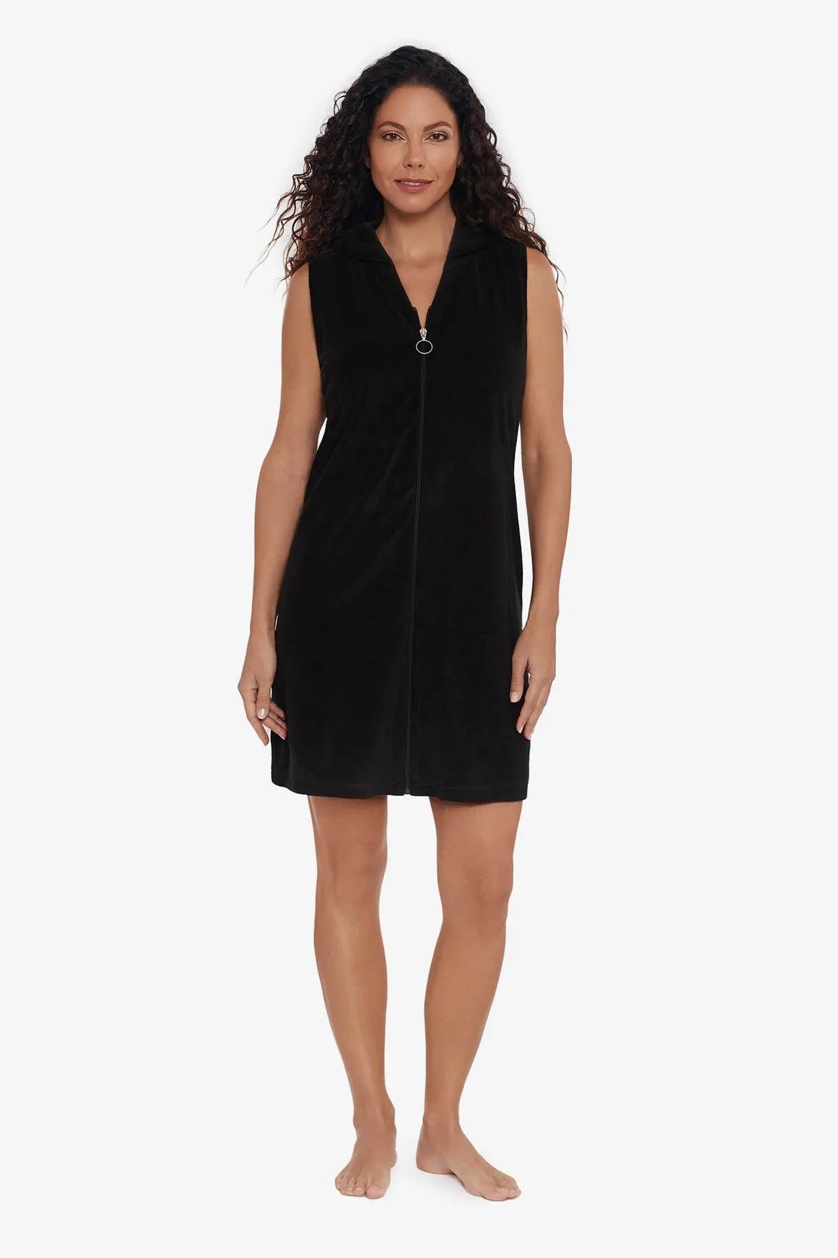 Hooded Zipper Terry Swim Cover Up - Black - Borderfree